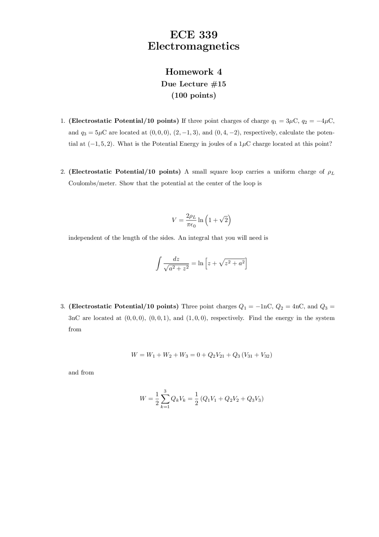 8 Problems On Electromagnetics Homework 4 Ece 339 Docsity
