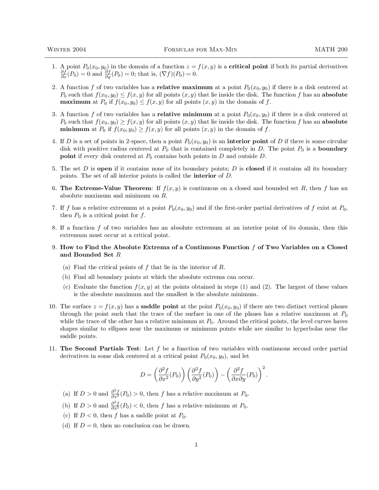 Formulas for Maxima and Minima | Multivariate Calculus | MATH 200 - Docsity