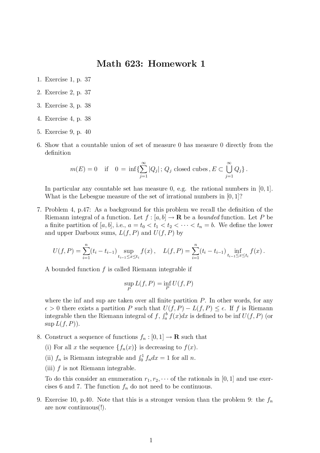 Problems for Assignment 1 - Real Analysis I | MATH 623 - Docsity