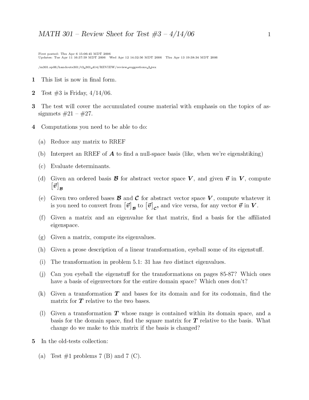 Test 3 Review Sheet Introduction To Linear Algebra Math 301 Docsity