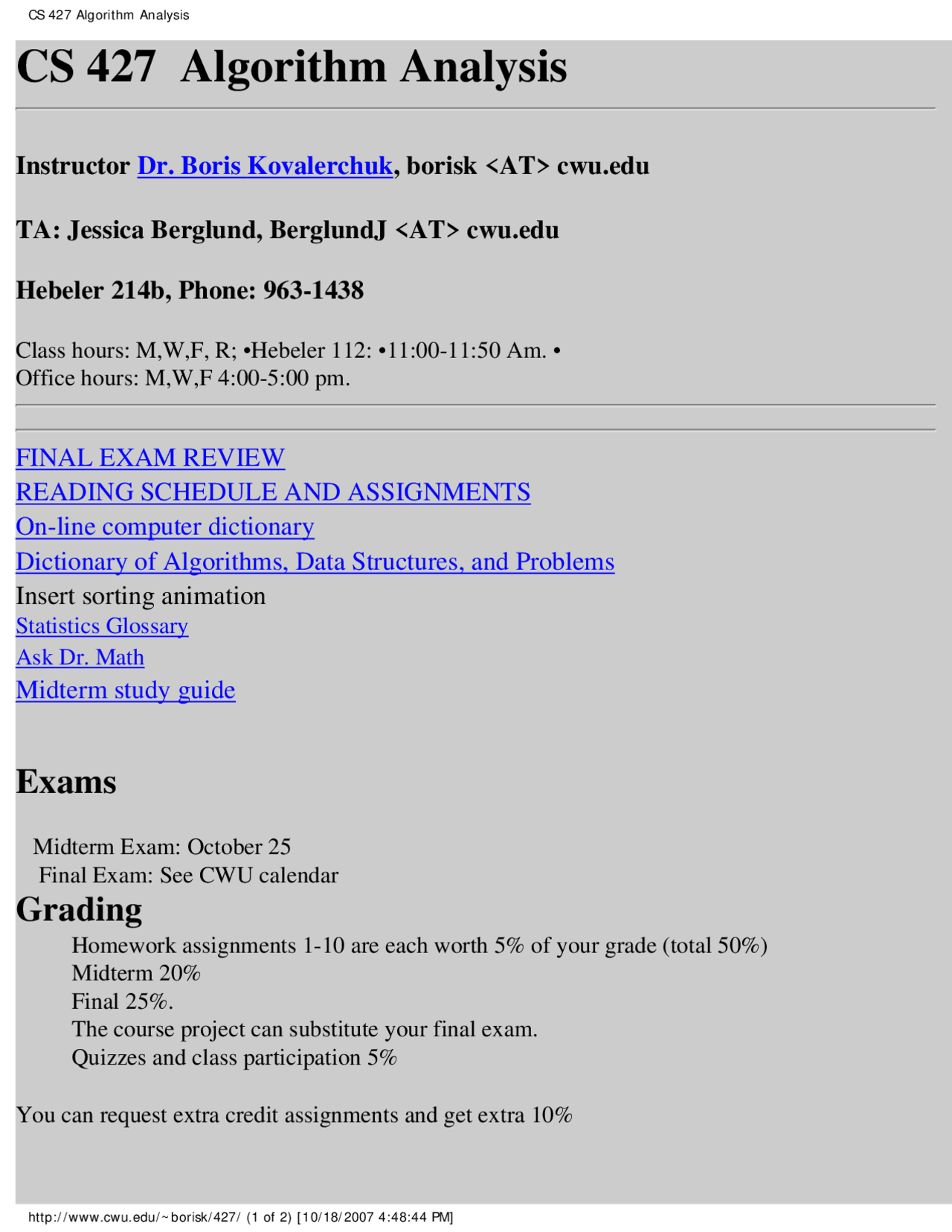 Introduction to Algorithm Analysis - Final Exam | CS 427 - Docsity