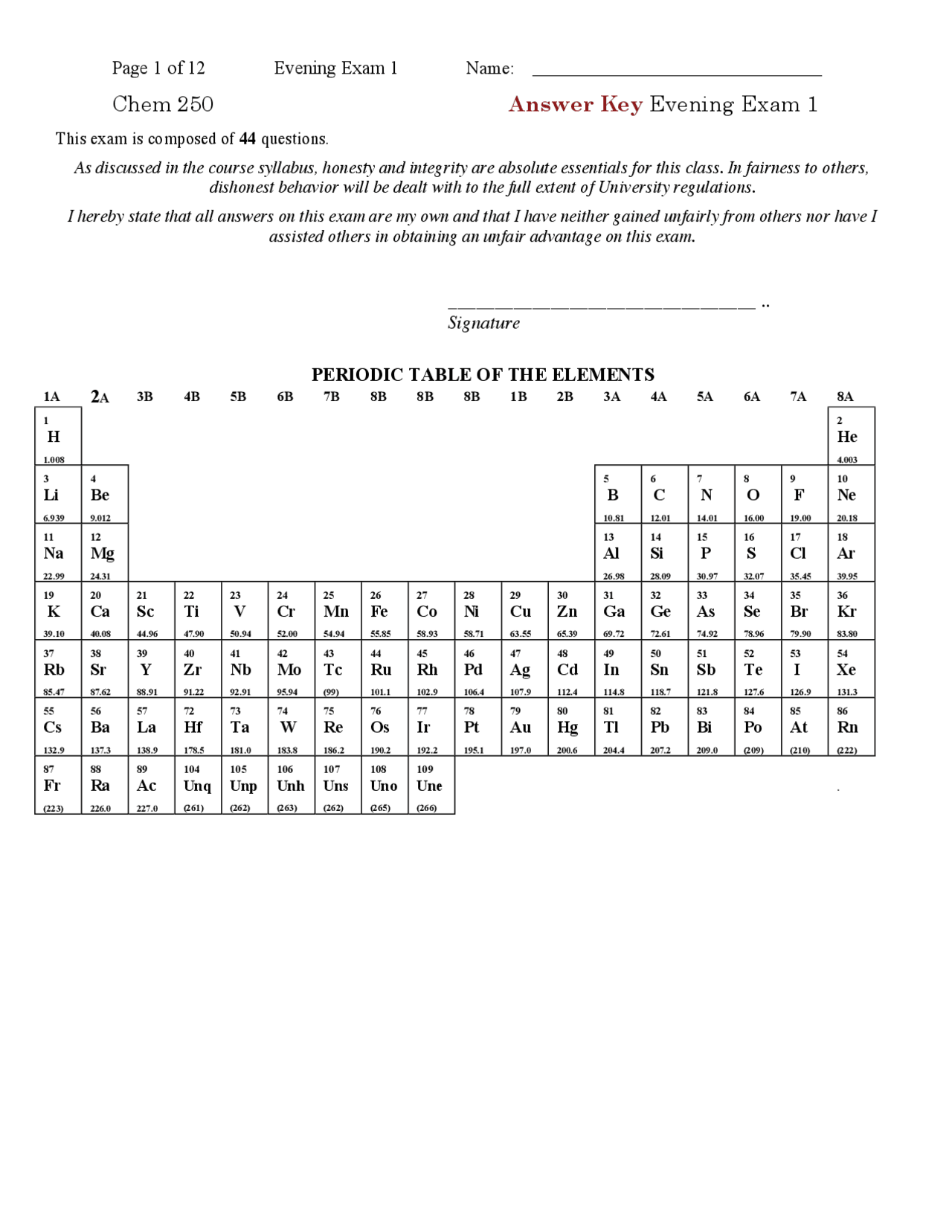 Exam 1 Answers Key Organic Chemistry Chem 250 Docsity
