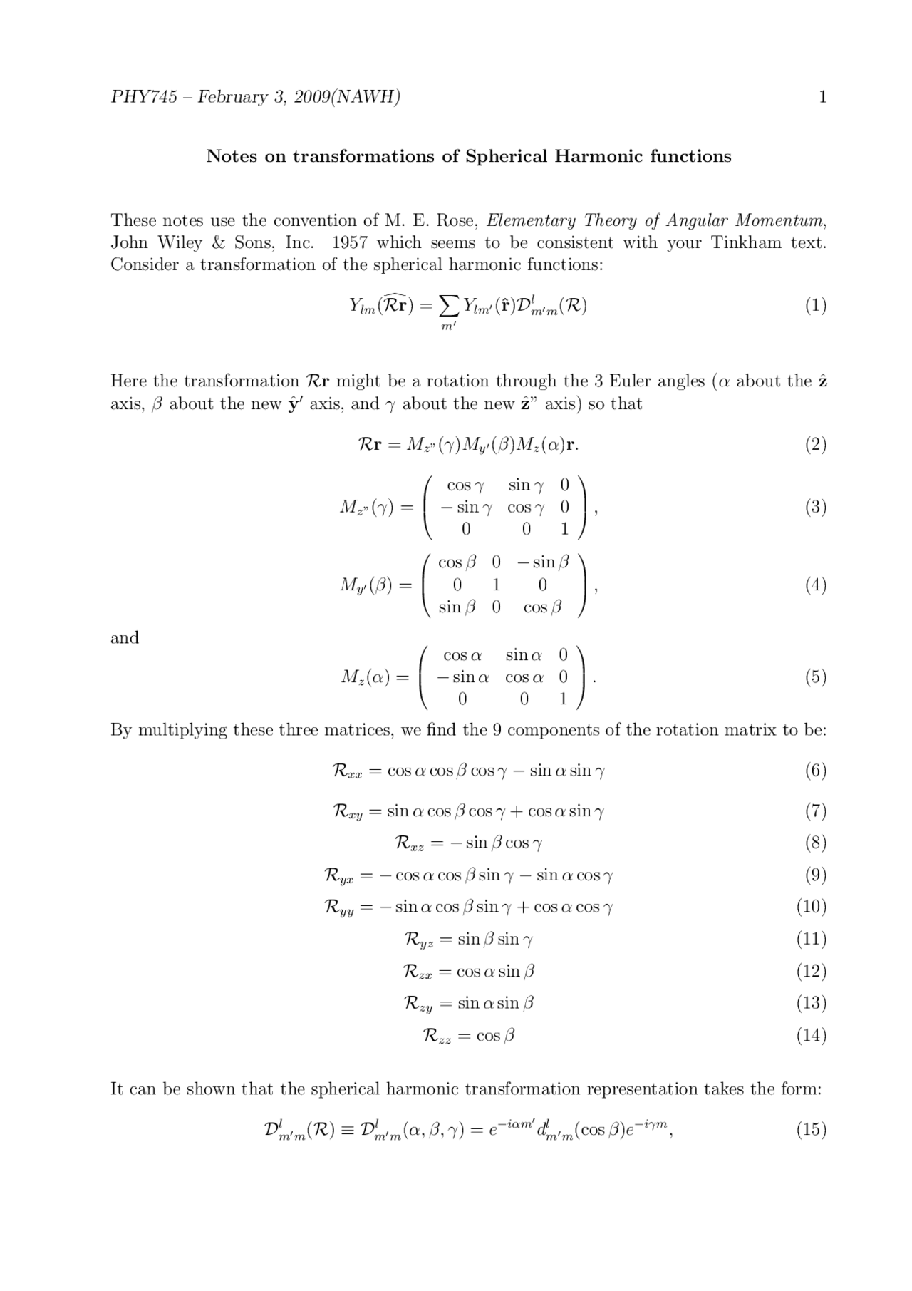 Notes on Transformation of Spherical Harmonic Functions | PHY 745 - Docsity