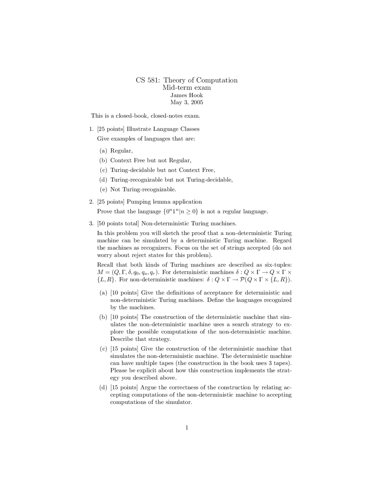Midterm Exam Review Questions Theory Computation Cs 581 Docsity