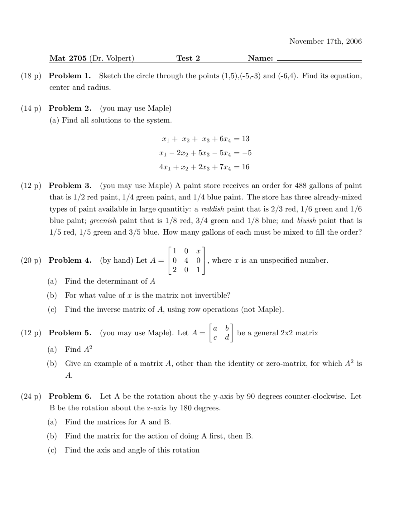 6 Problems Test 2 - Differential Equations and Linear Algebra | MAT ...