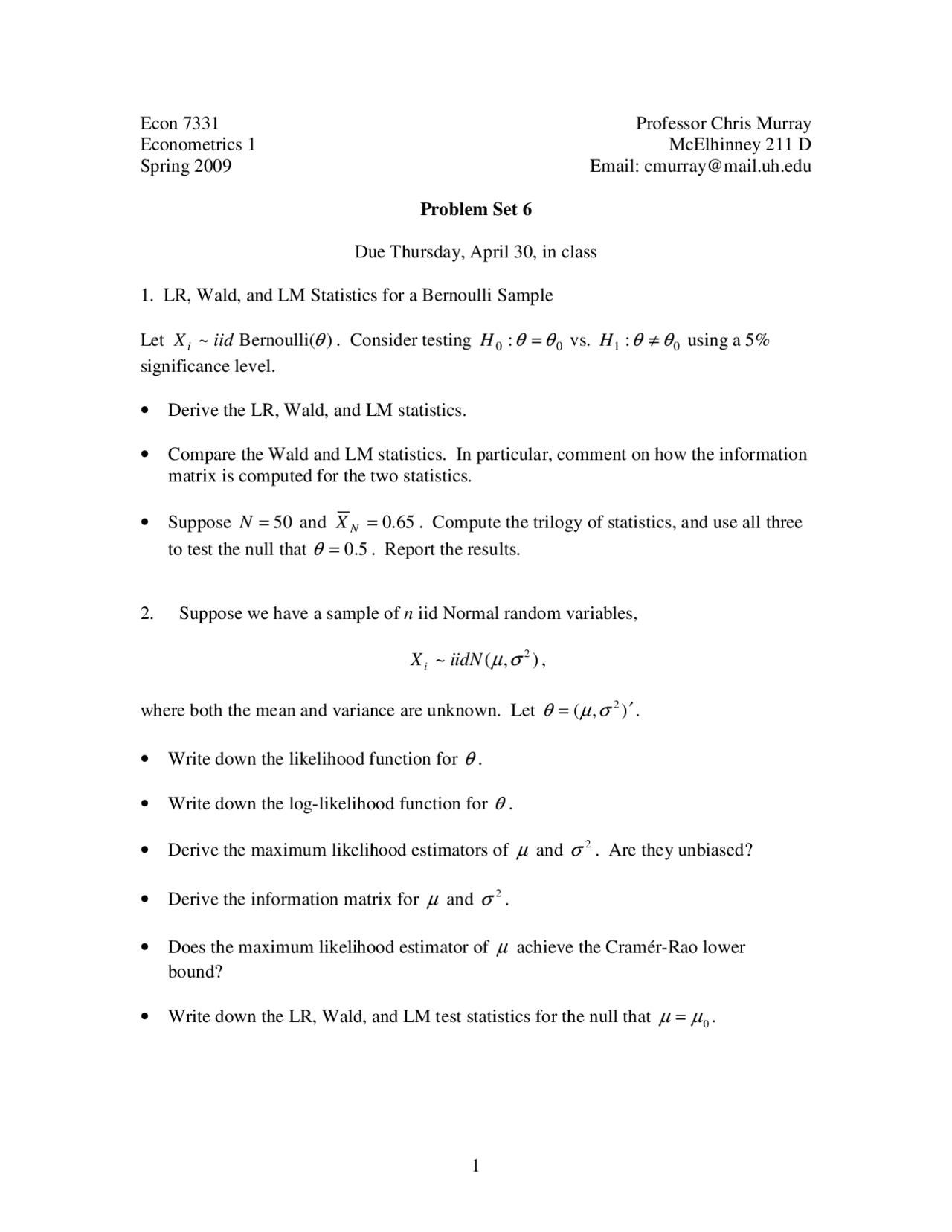 Problem Set 6 Econometrics I Econ 7331 Docsity