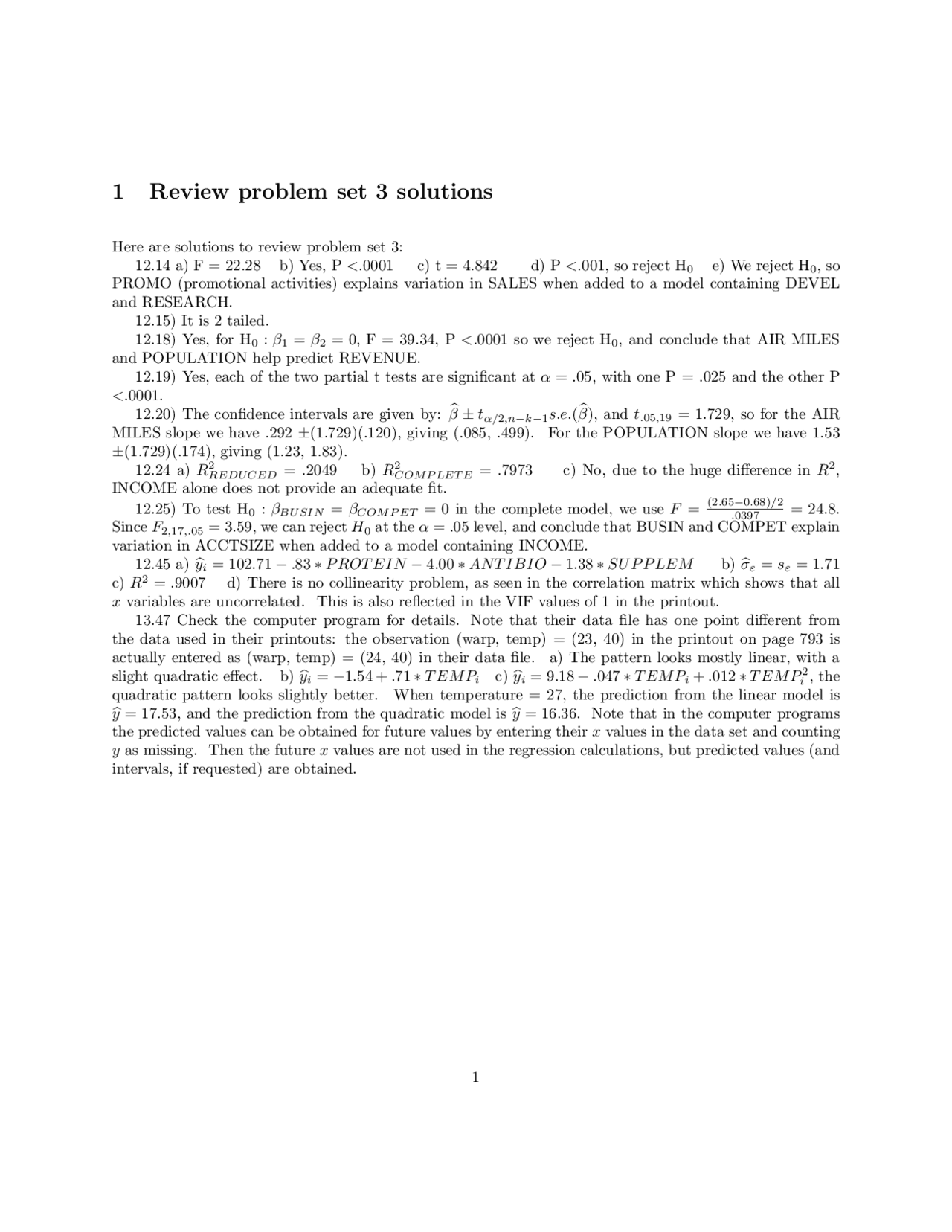 Solutions Of Review Problems Set 3 Statistical Analysis Stat 401