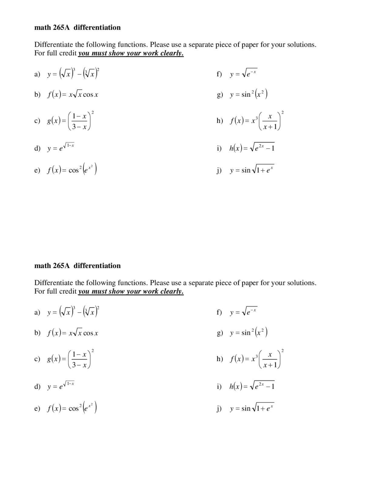 Practice Questions Analytic Geometry And Calculus I Math 265a Docsity