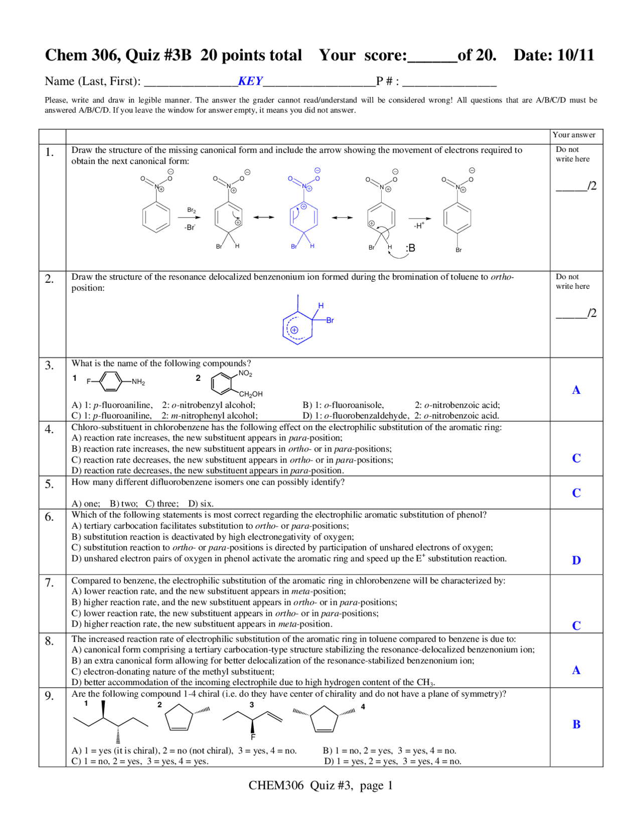 Quiz #3B with Answer Key - Organic Chemistry | CHEM 306 - Docsity