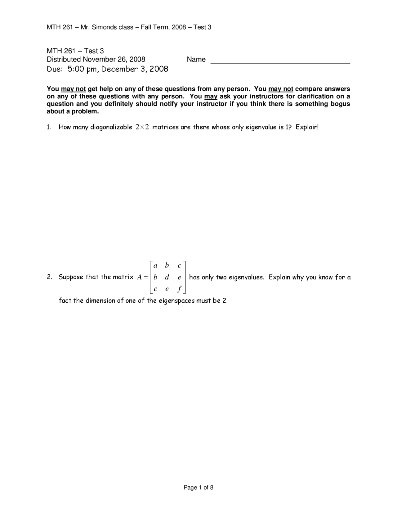 Exam 3 Applied Linear Algebra I Mth 261 Docsity