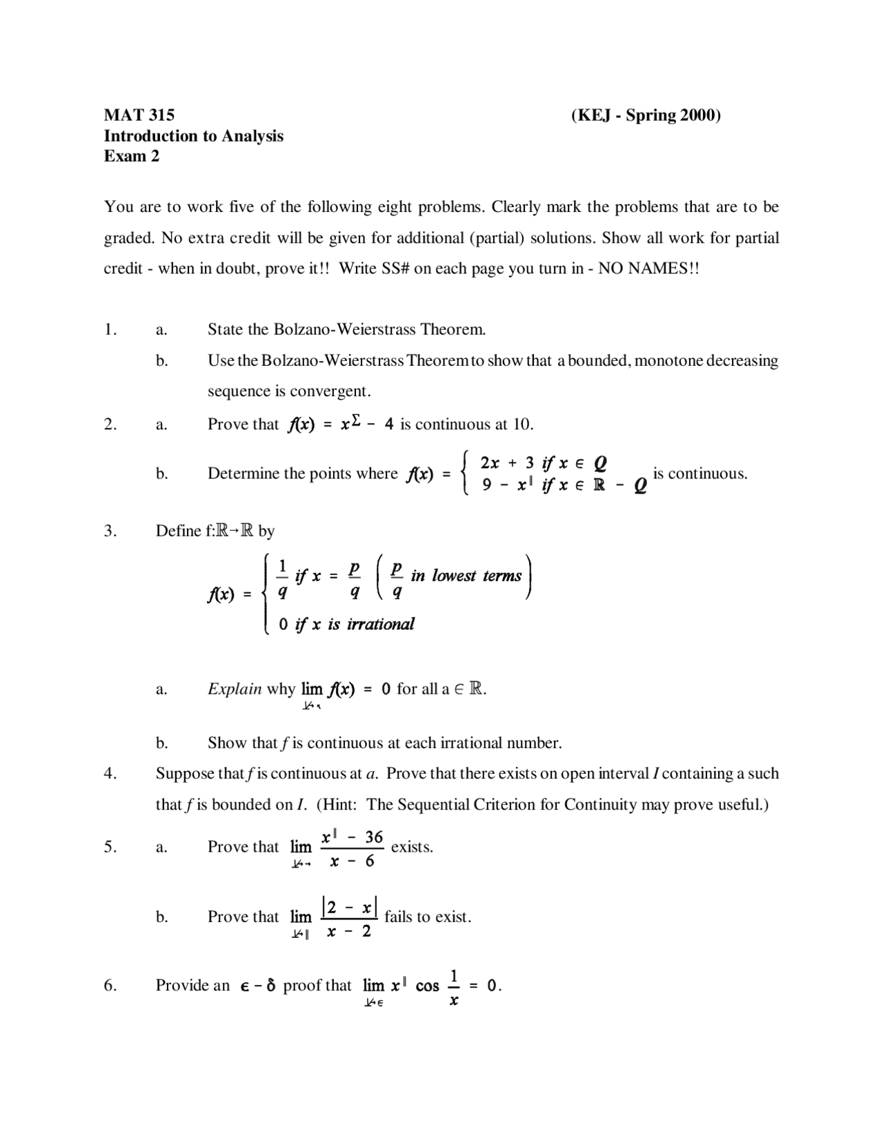 8 Questions Exam 2 Introduction To Analysis Mat 315 Docsity