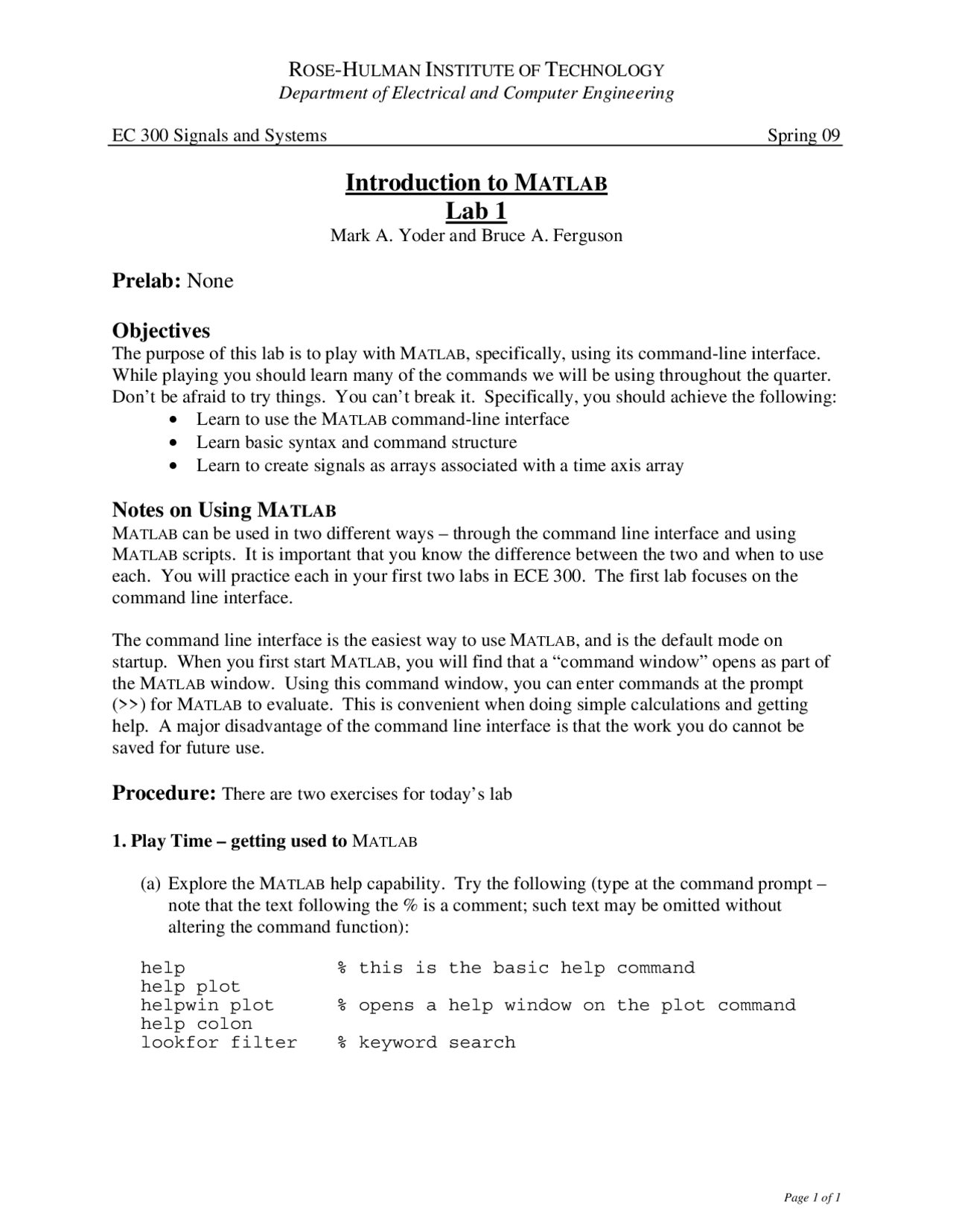Introduction To Matlab Signals And Systems Laboratory 1 Report Ece