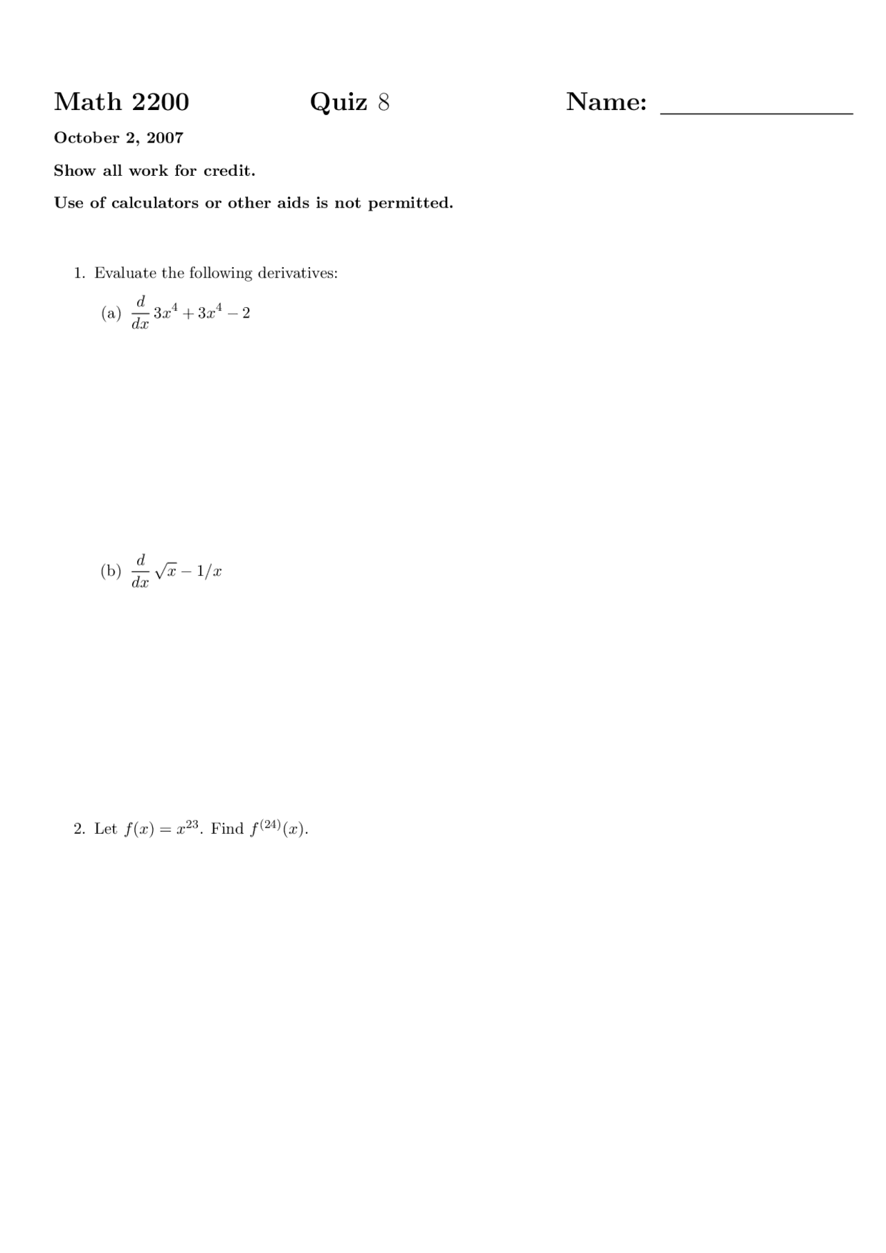 Sample Question On Calculus I Quiz 8 Math 2200 Docsity
