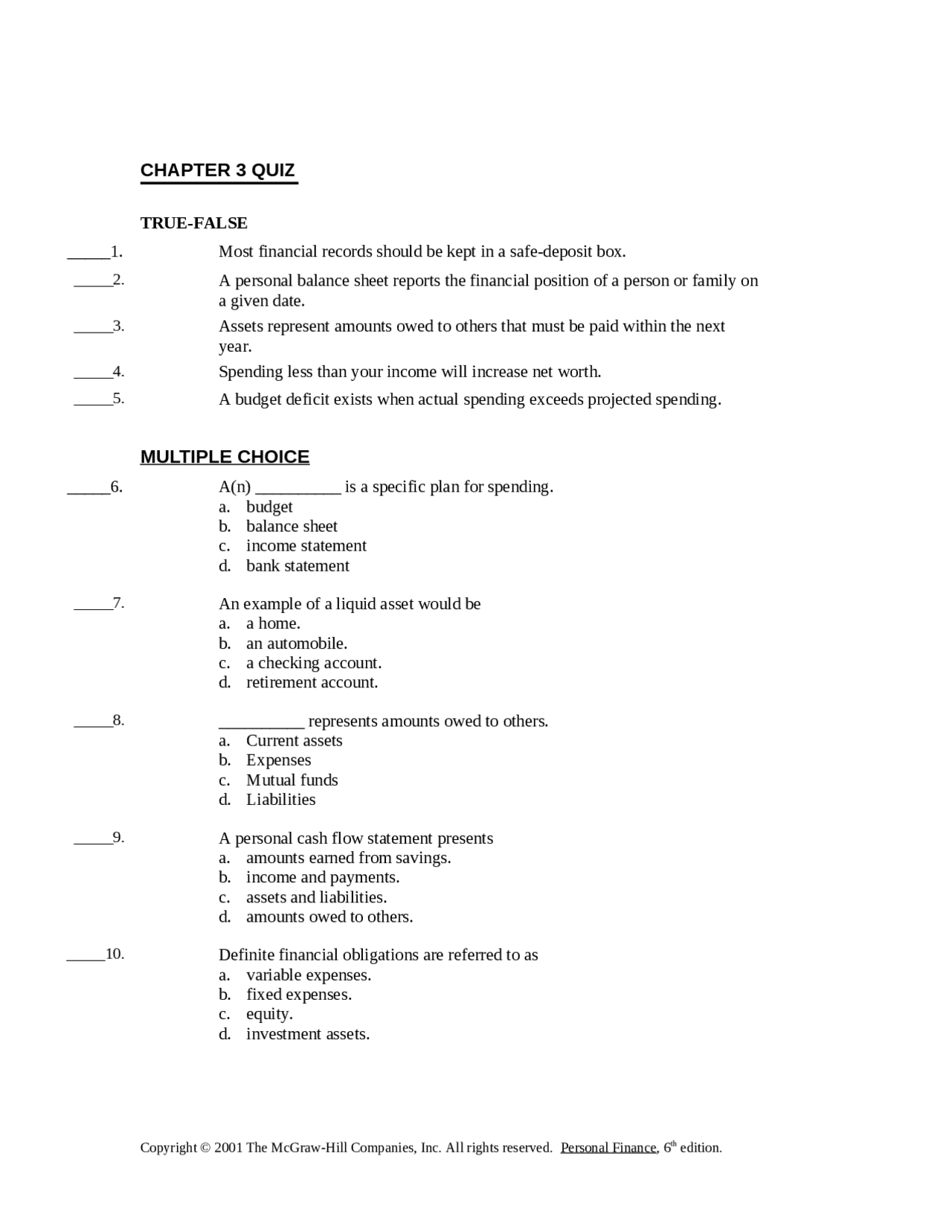 10 MCQs in Quiz 3 on Personal Financial Decision Making | FIN 205 ...