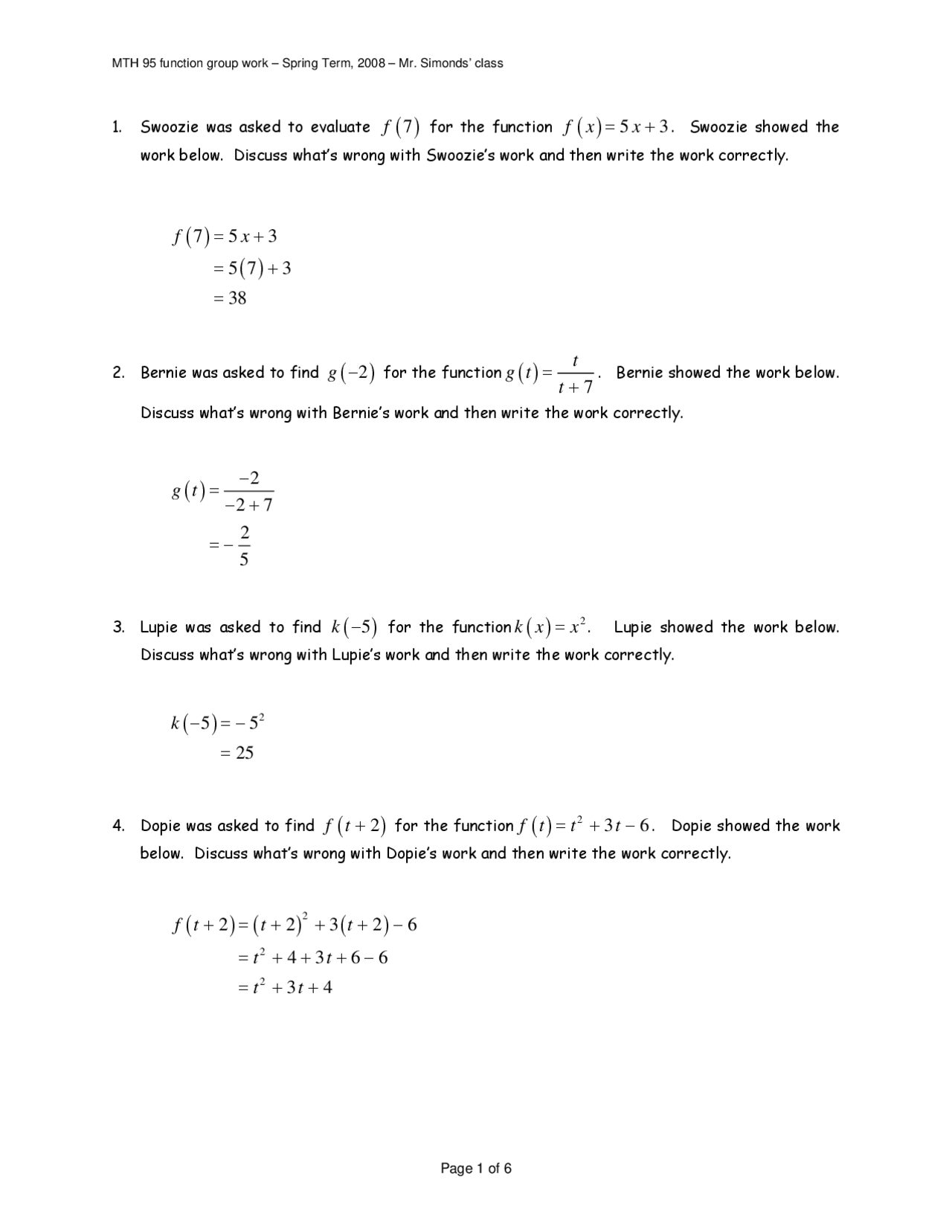 Problems To Evaluate The Functions Assignment 1 Mth 95 Docsity