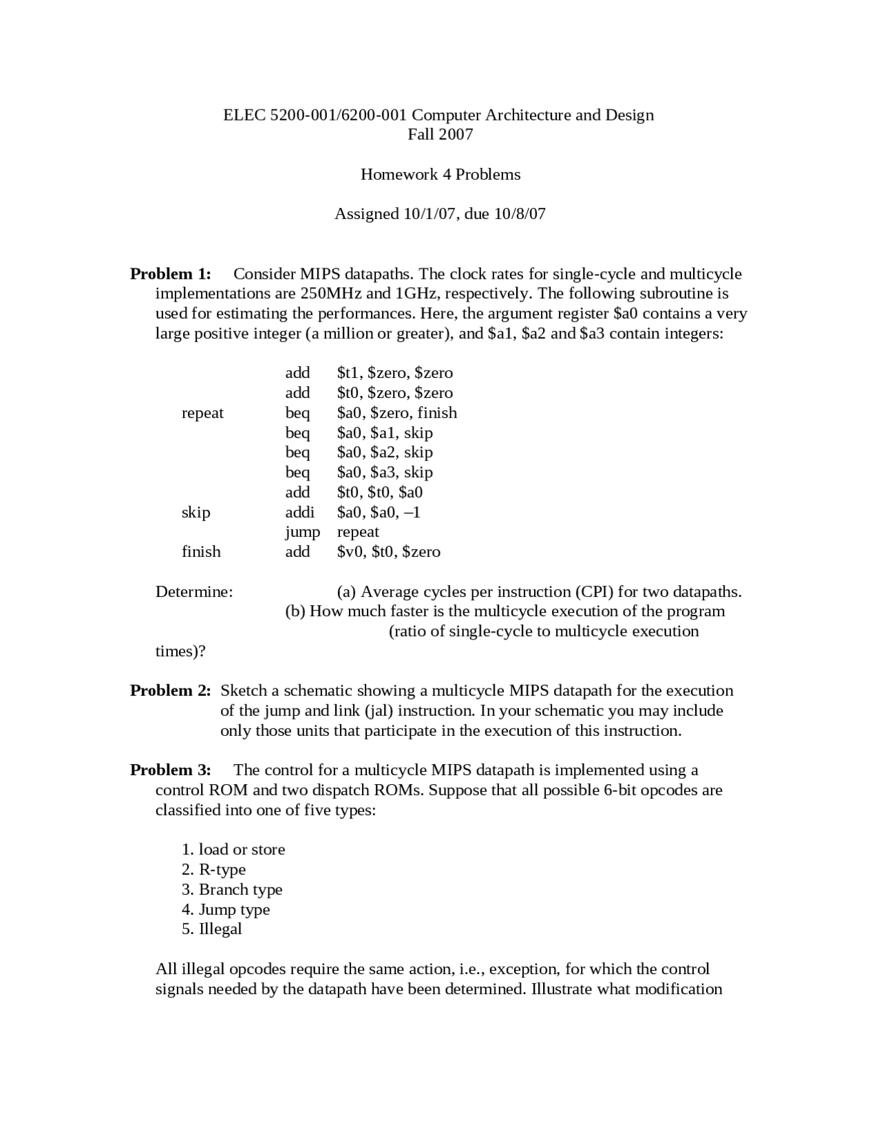 Problems On Computer Architecture And Design Assignment 4 Elec 5200 Docsity