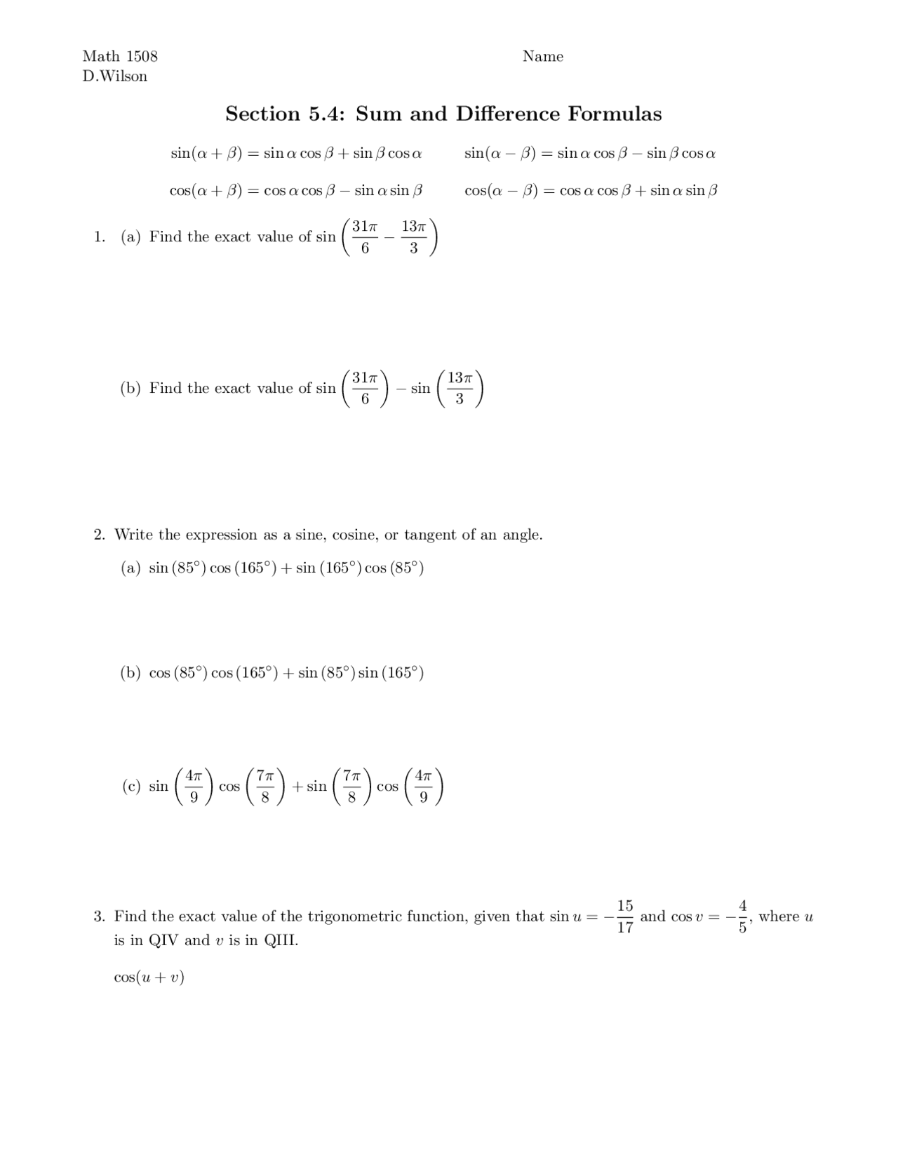 Sum and Difference Formulas - Assignment | MATH 1508 | Assignments Pre ...