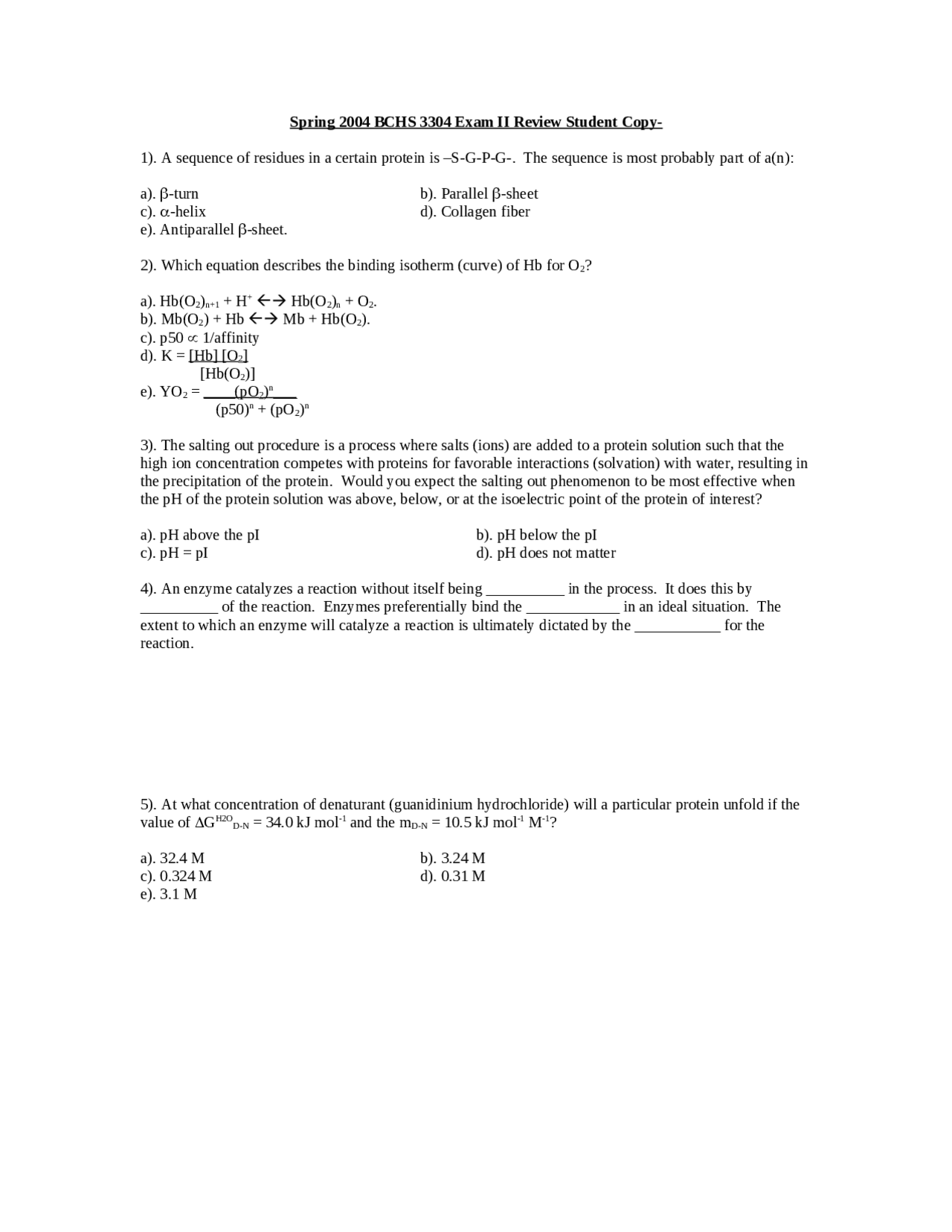 Exam Ii Review For General Biochemistry I Bchs 3304 Docsity