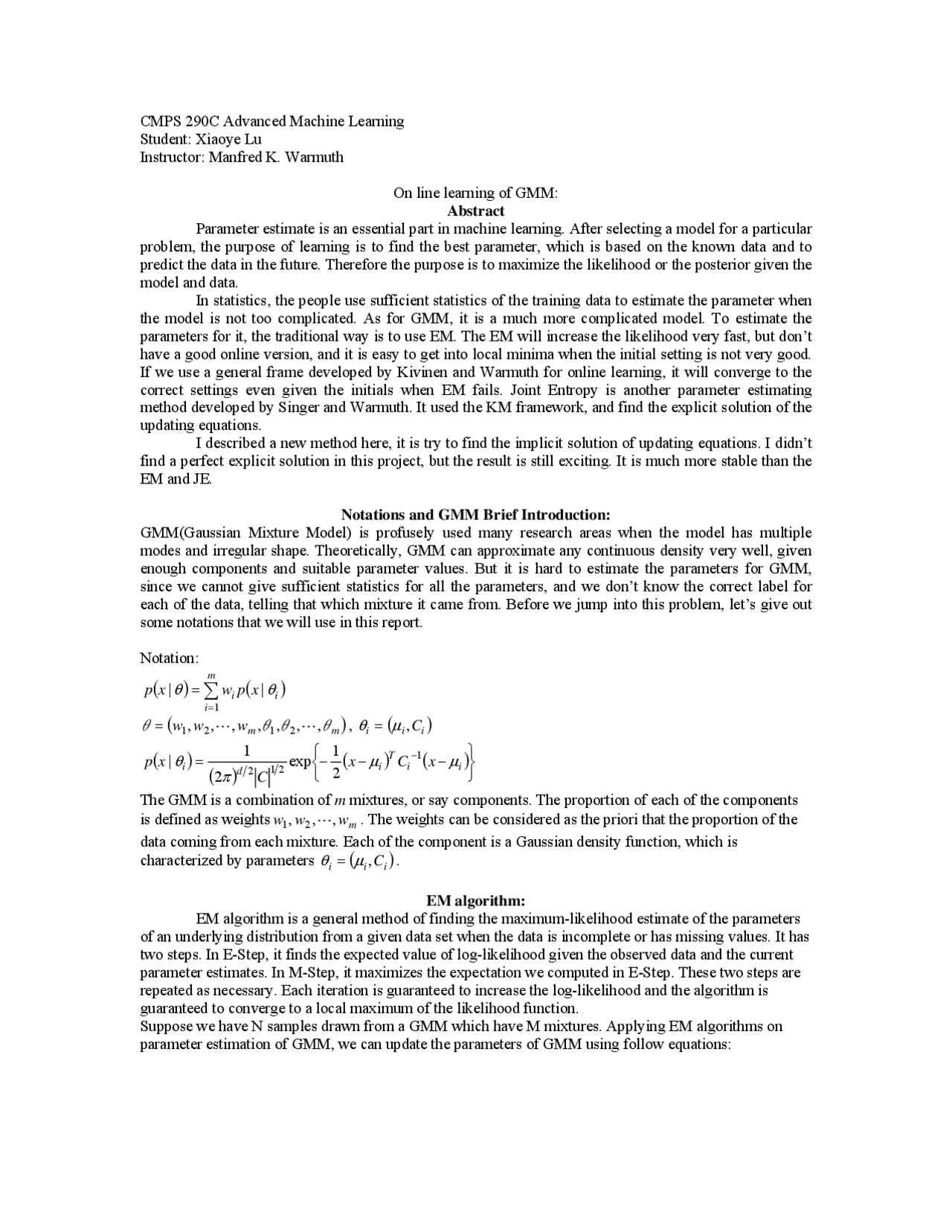 Online Learning Of Gmm Advanced Machine Learning Cmps 290 Docsity