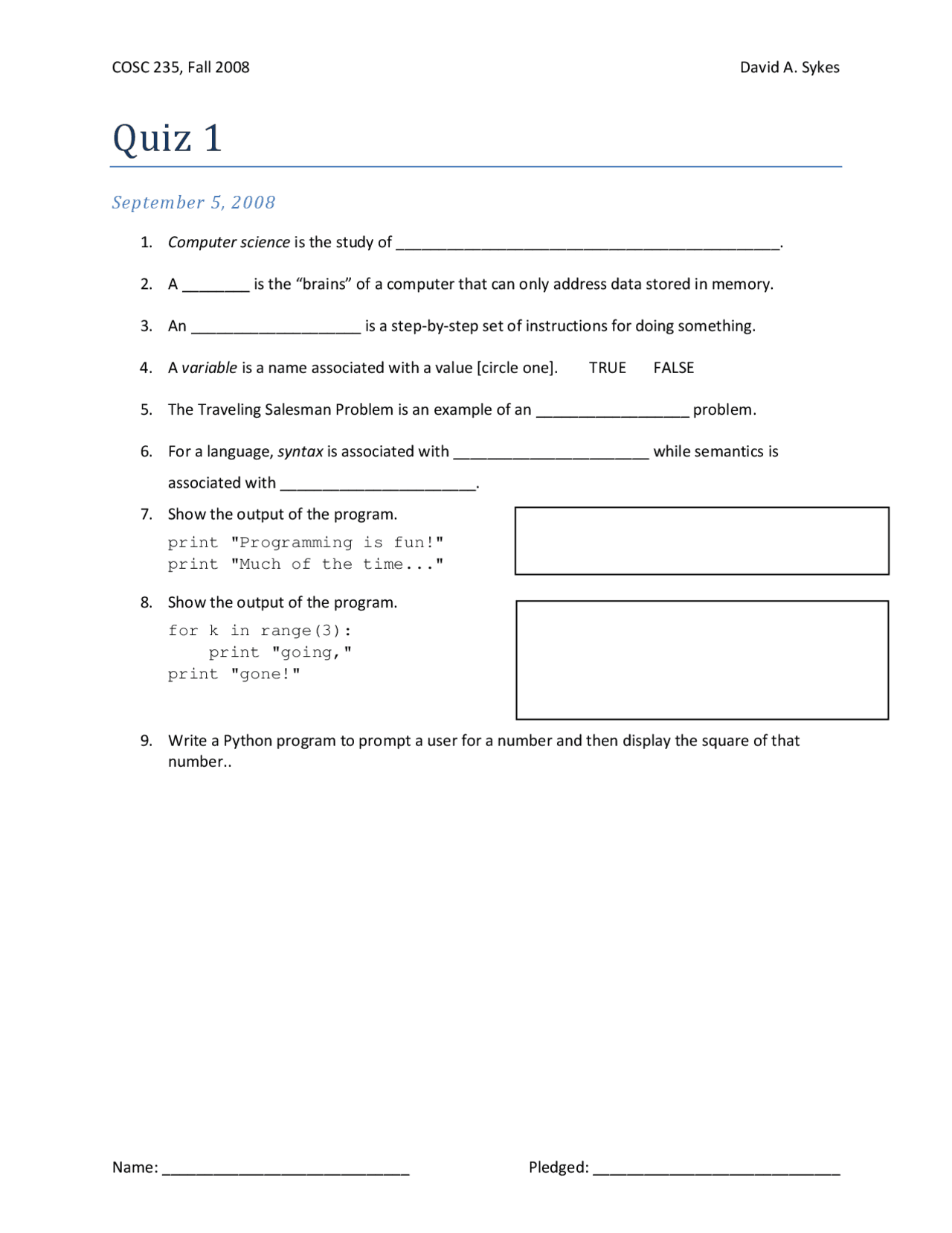 Sample Quiz 1 Programming And Problem Solving Cosc 235 Docsity
