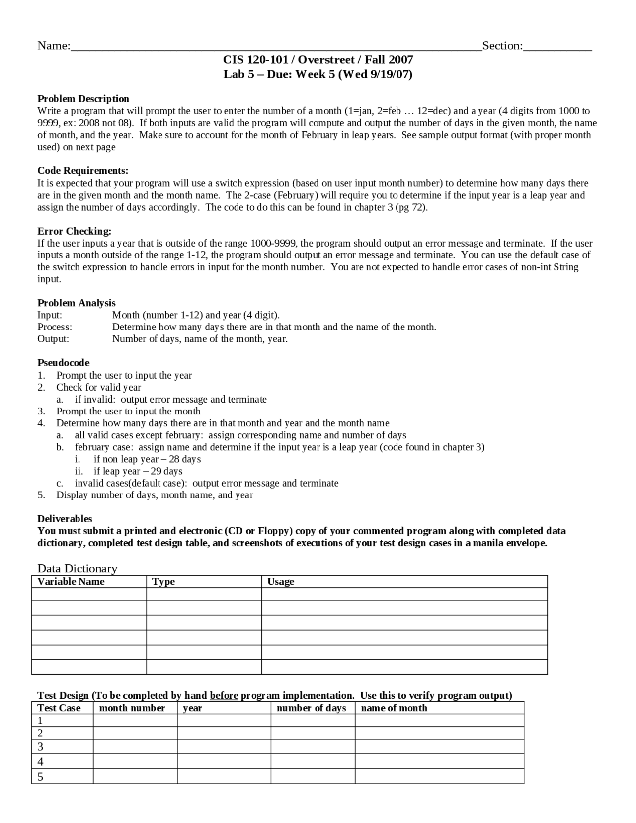 Lab Assignment 5 On Problem Solving Programming Concepts I Cis 120 5061