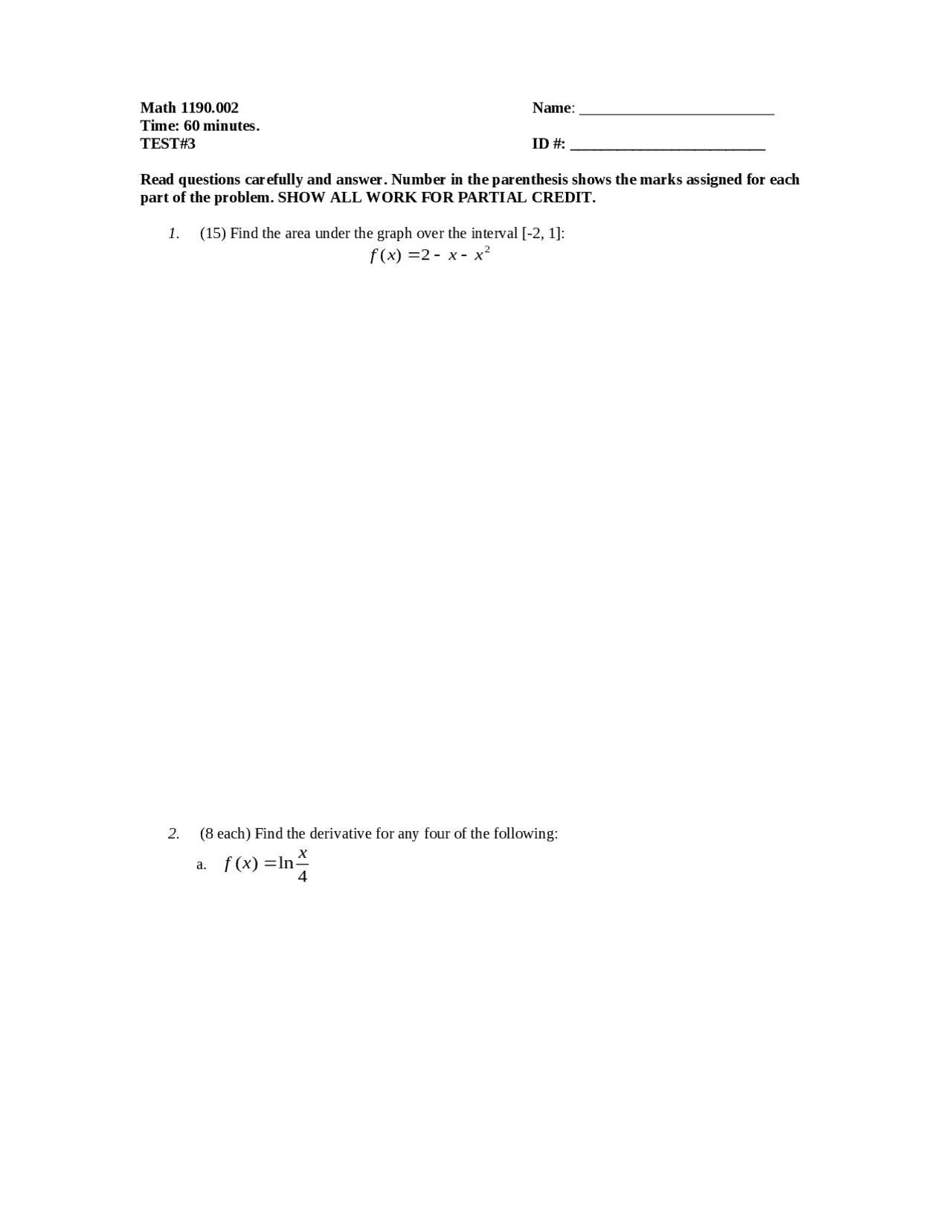 Practice Test 3 On Business Calculus Math 1190 Docsity