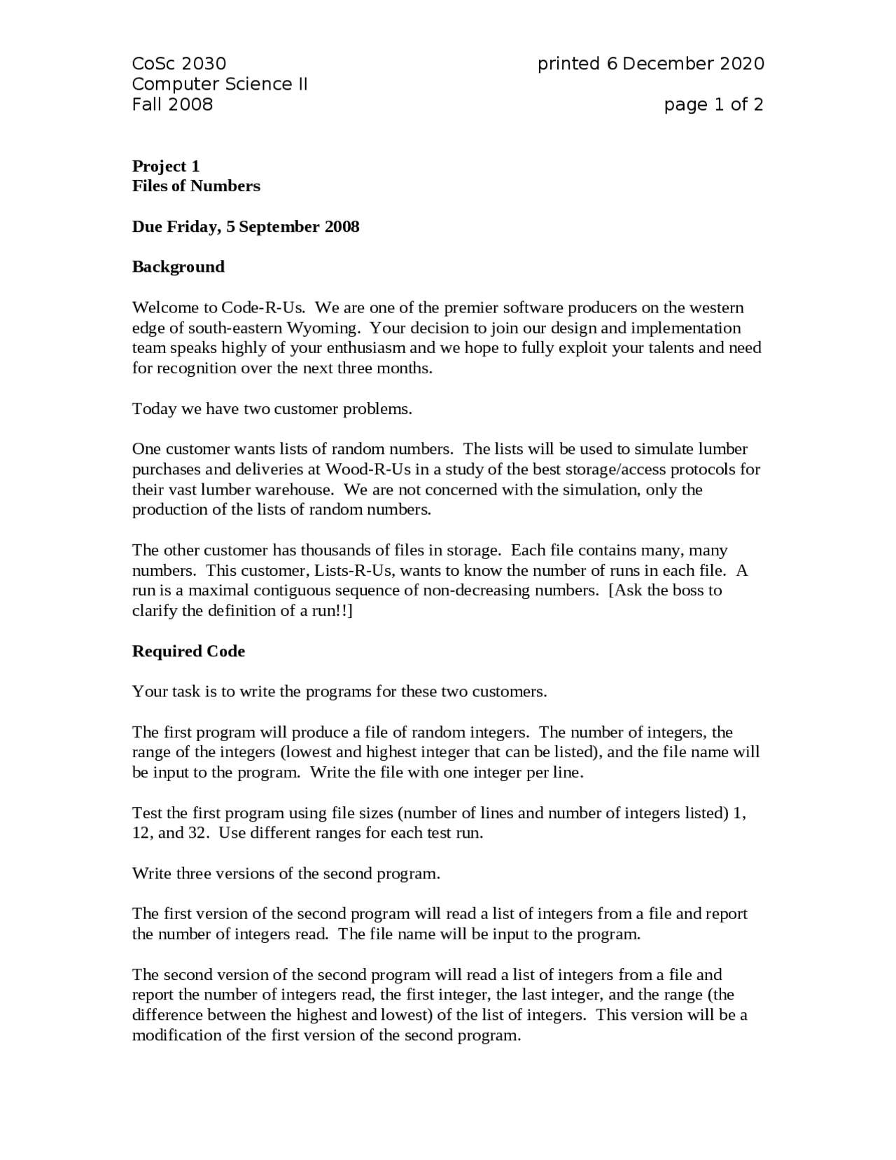 Project 1 Flies Of Numbers Computer Science Ii Cosc 2030 Docsity