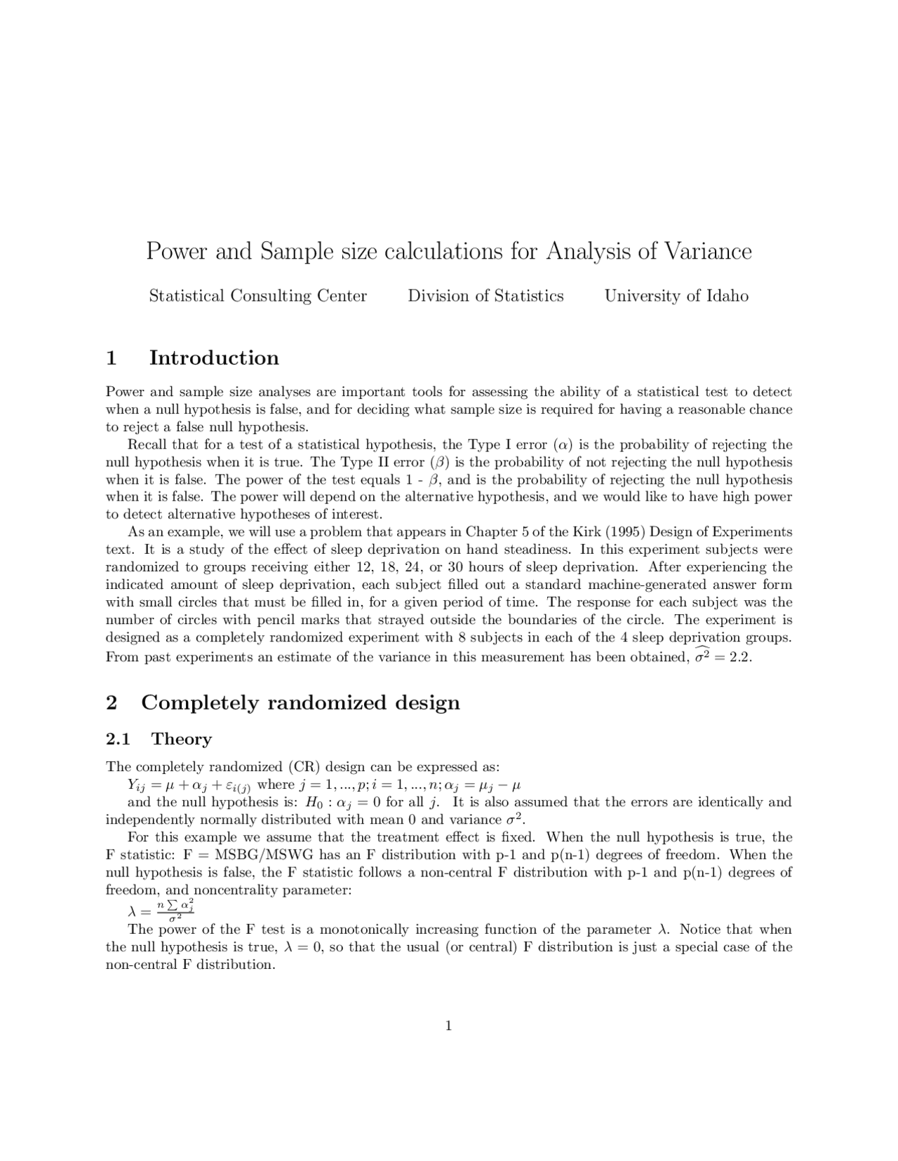 Power and Sample Size Calculations for Analysis of Variance | STAT 507 ...