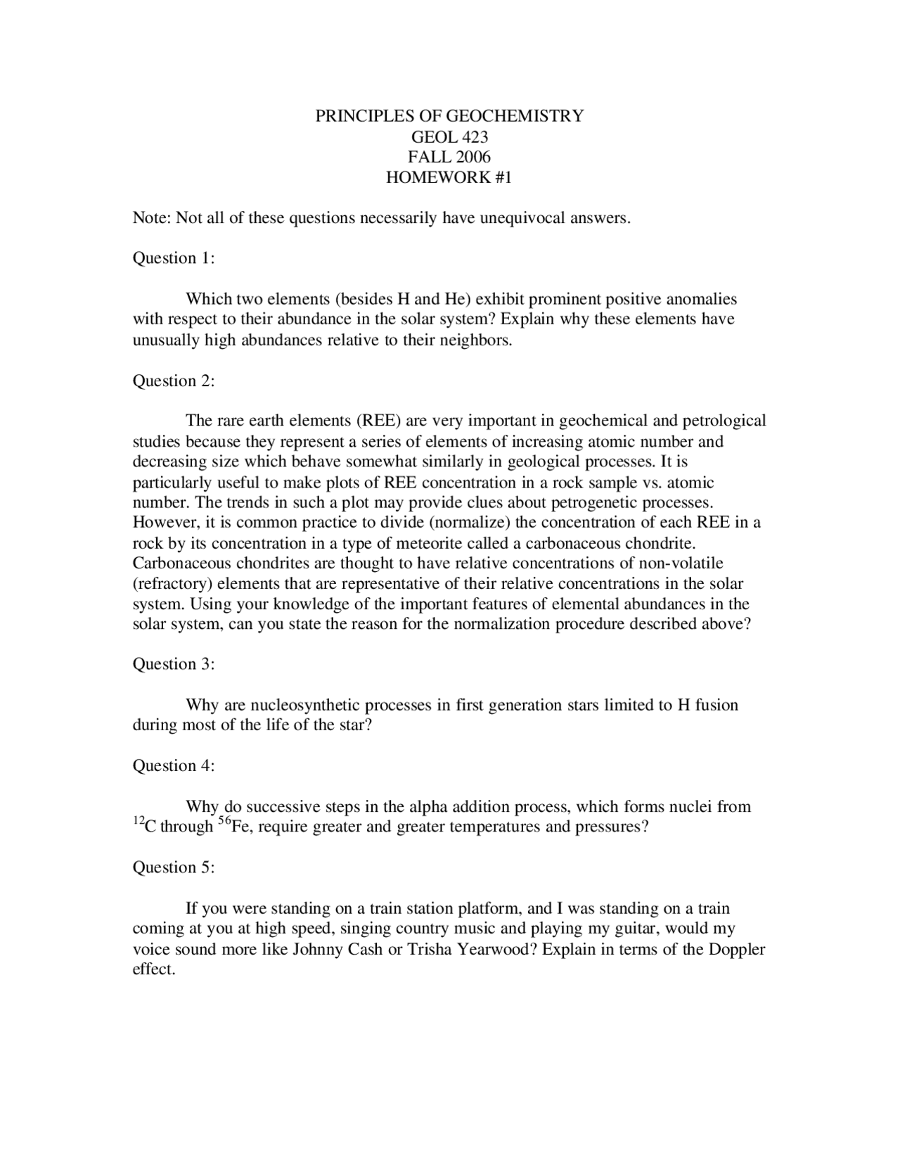 11 Questions For Assignment 1 Principles Of Geochemistry Geol 423
