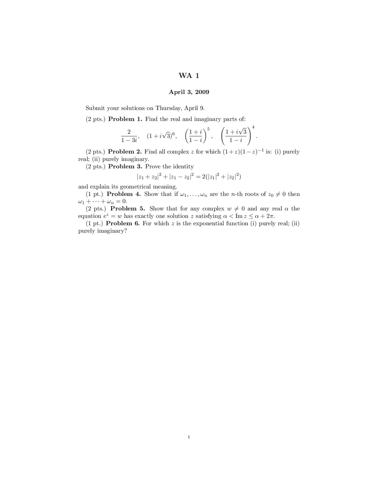 Practice Questions For Assignment 1 Complex Variables I Math 630