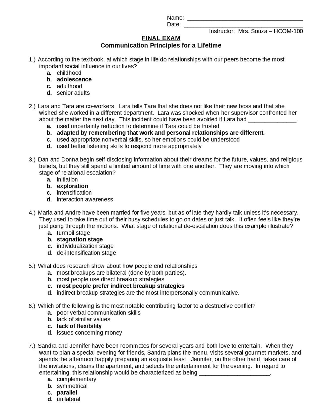 Solved Final Exam Communication Principles For A Lifetime Hcom 100