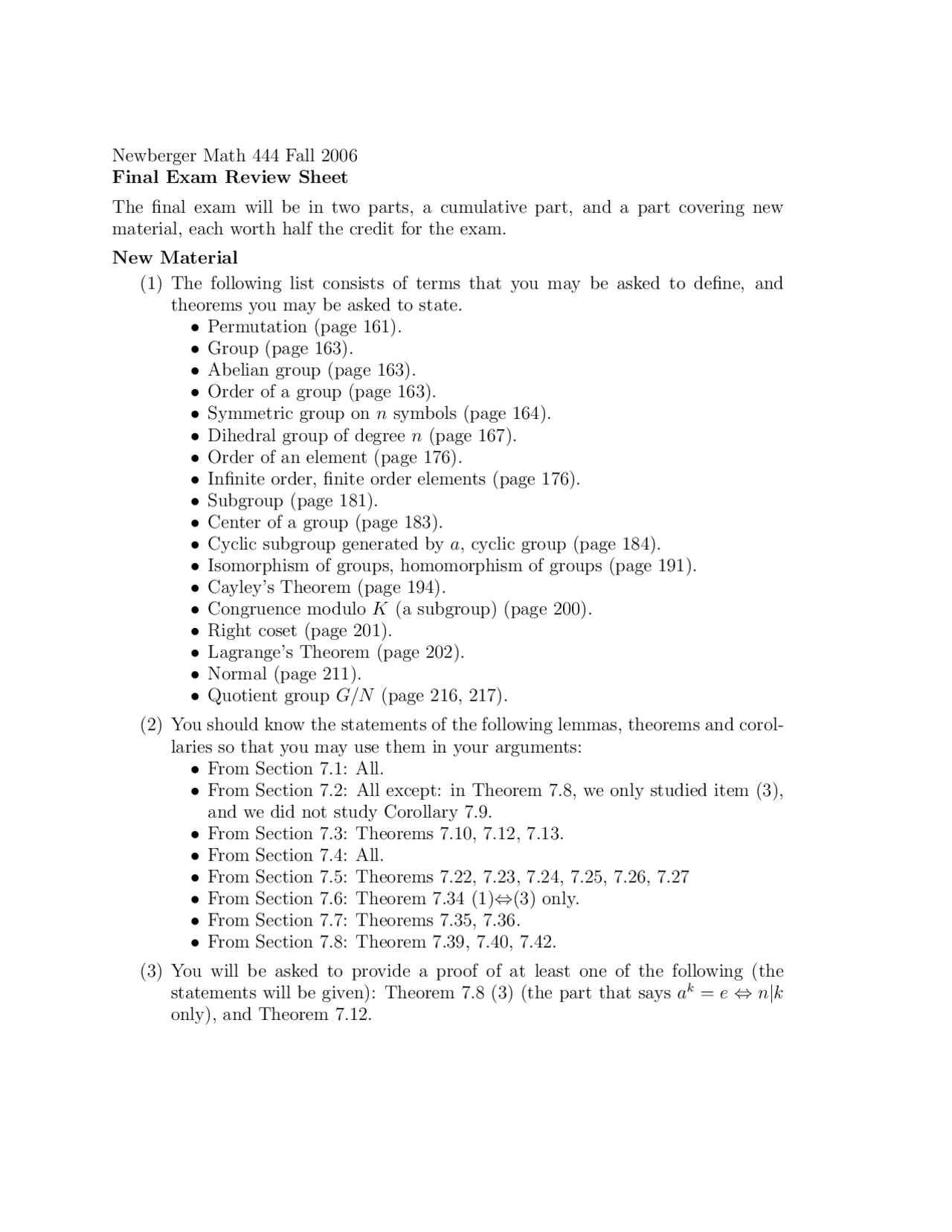Review Sheet For Final Exam Introduction To Abstract Algebra Math