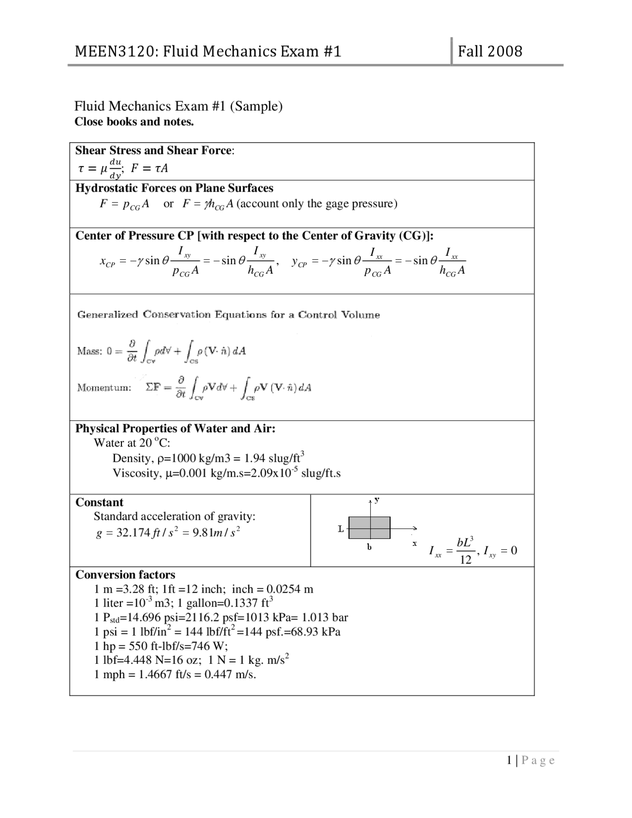 Exam -5 Questions with Solutions on Fluid Mechanics | MEEN 3120 - Docsity