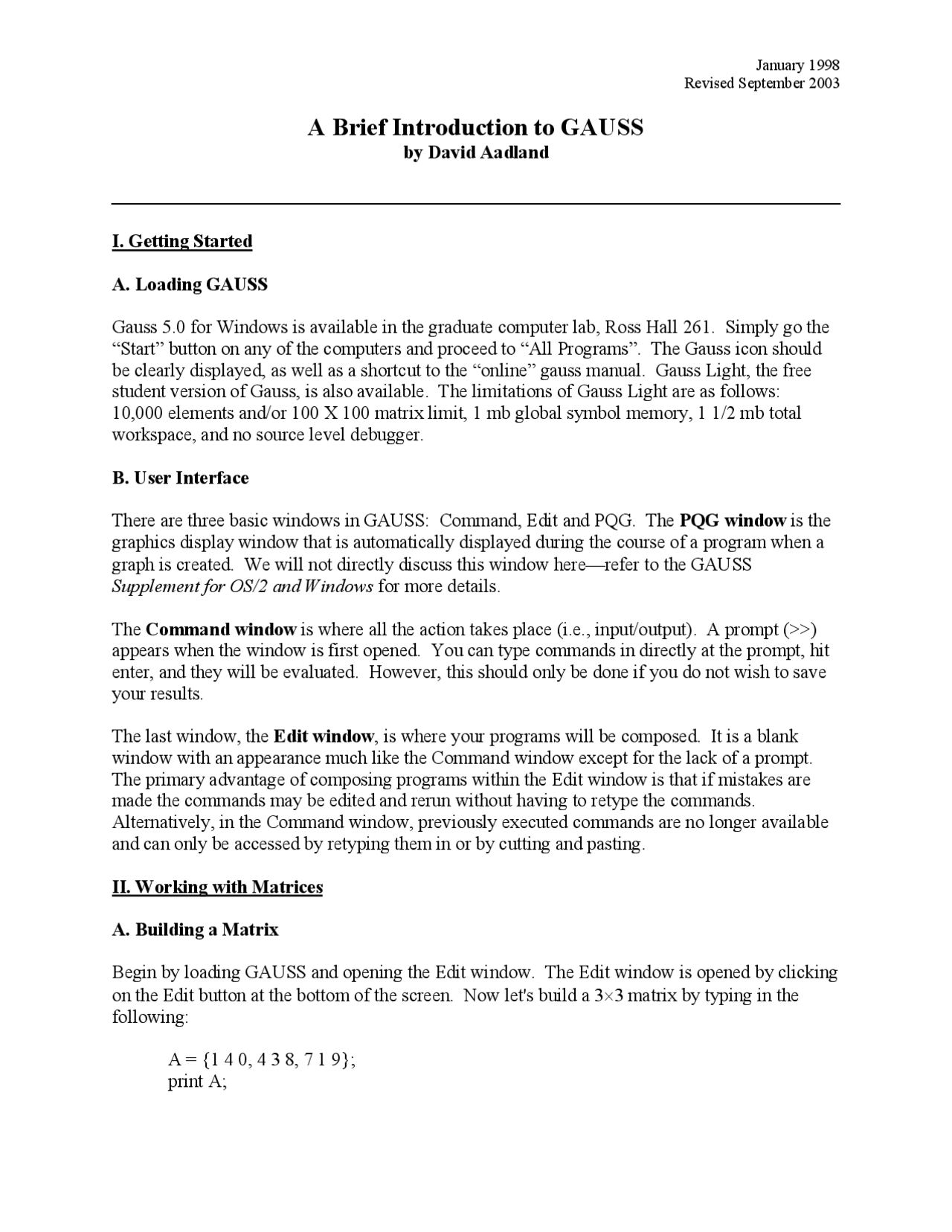 Advanced Econometric Theory A Brief Introduction To Gauss Econ 5350