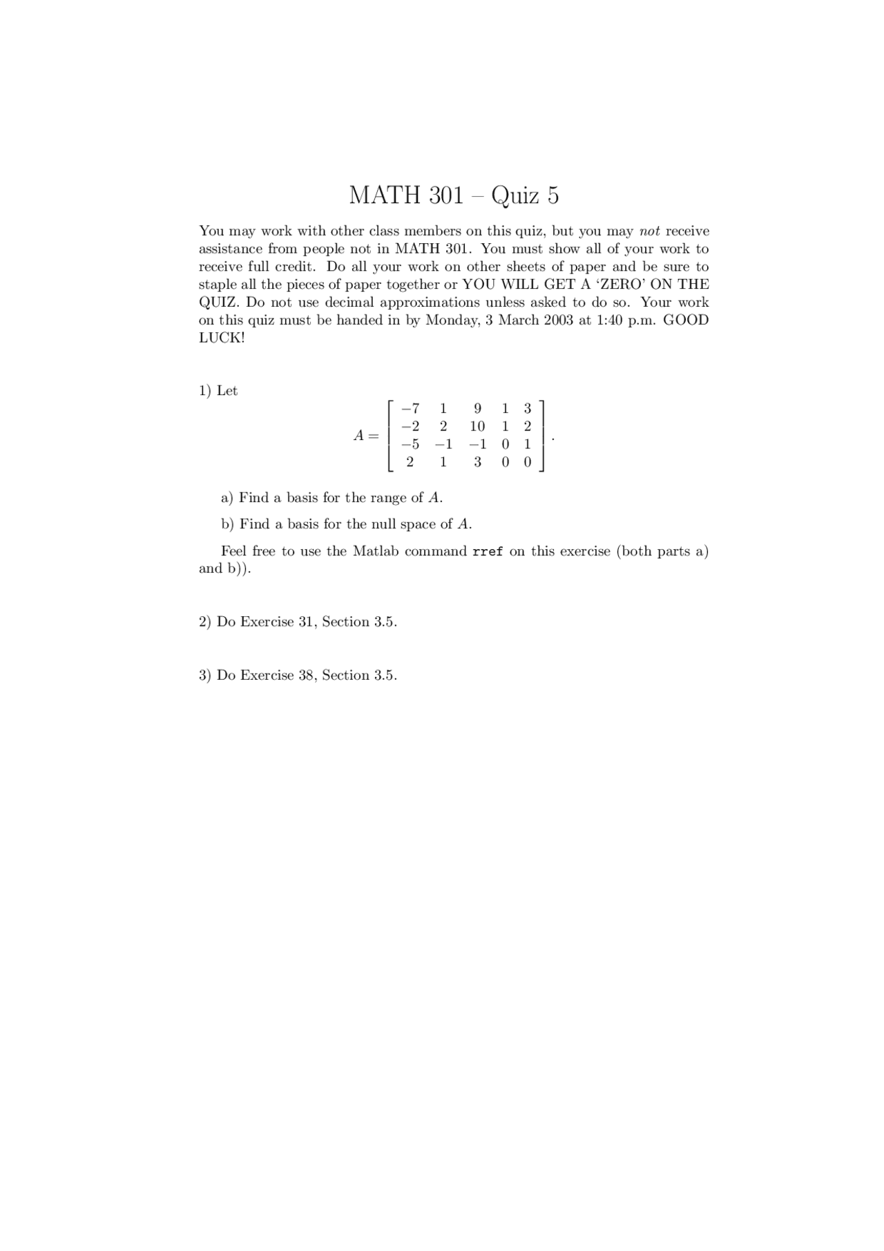 Quiz 5 For Introduction To Linear Algebra Math 301 Docsity