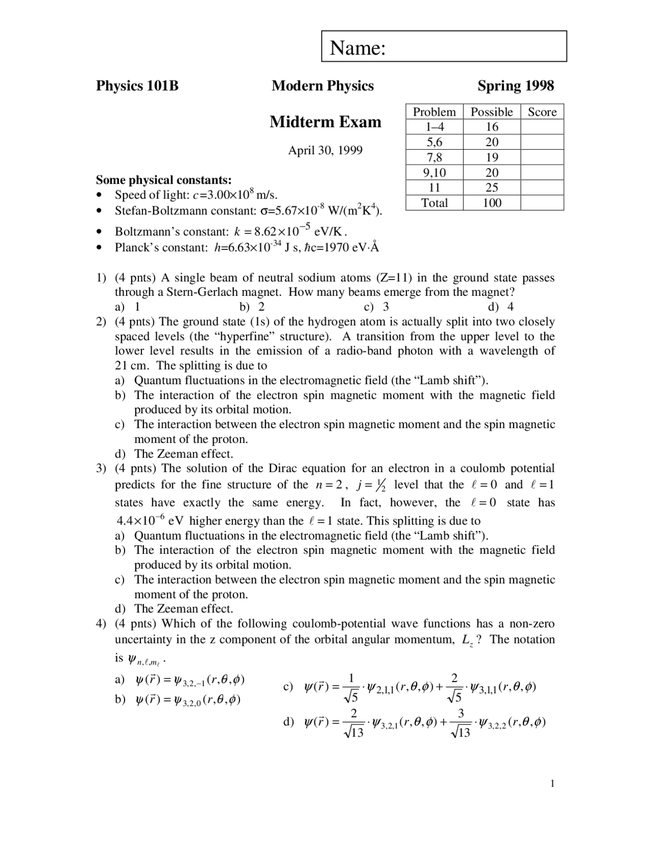11 Problems for Midterm Exam - Introduction to Modern Physics I | PHYS ...