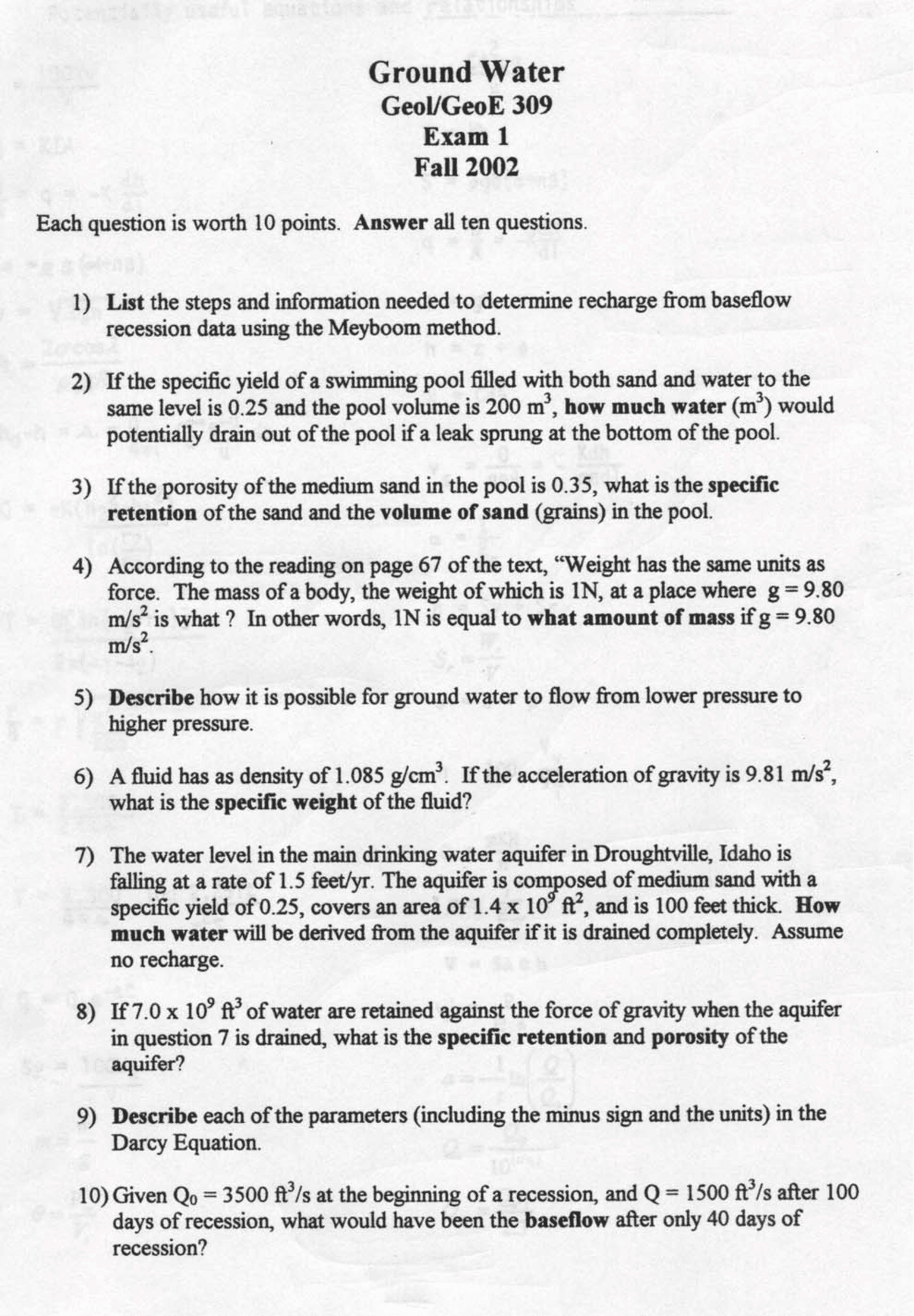 Exam 1 Question For Ground Water Hydrology Fall 2002 Geol 309 Docsity