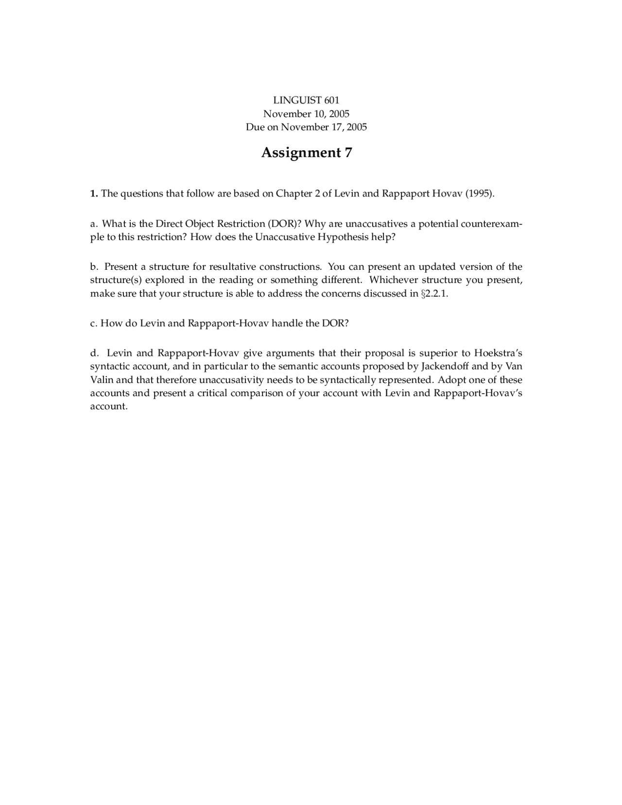 Homework 4 Introduction To Transformational Grammar Fall 2005