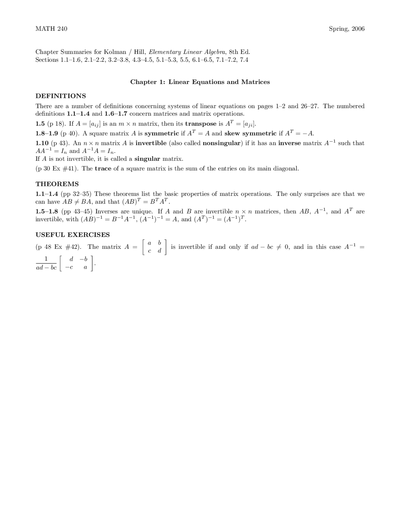 Linear Equations And Matrices Lecture Notes Math 240 Docsity