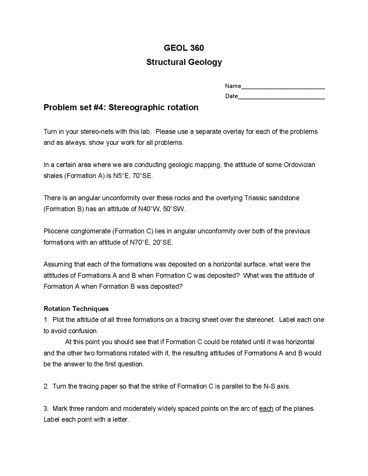 Stereographic Rotation Problem Set 4 Geol 360 Docsity