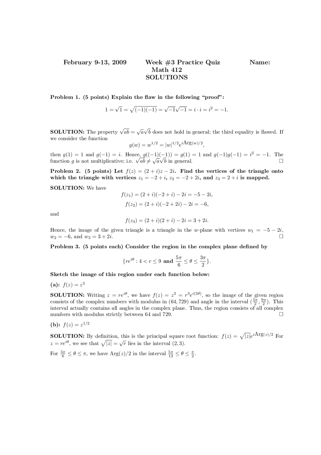 Solution To Practice Quiz Complex Analysis Math 412 Docsity