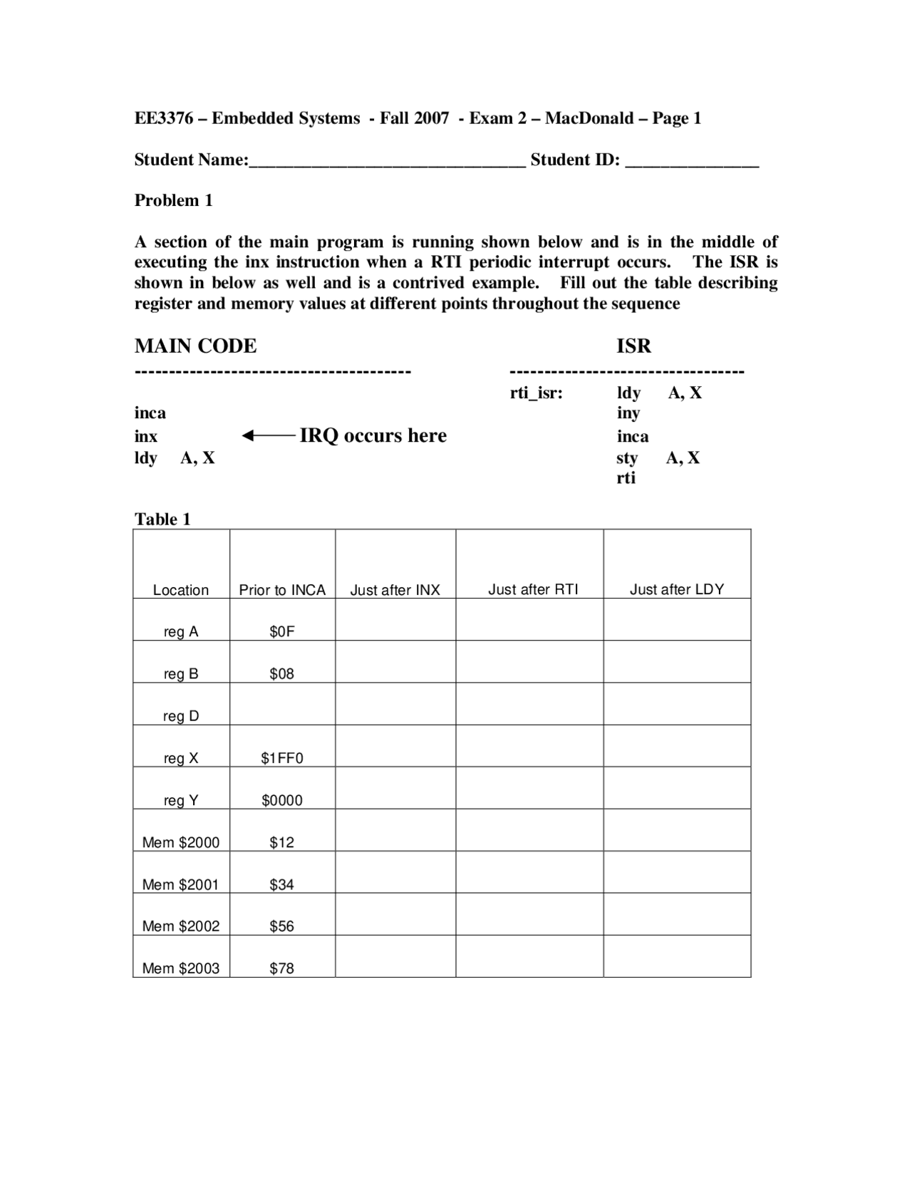 Embedded System Microprocessor Systems I Exam 3 Fall 2006 Ee
