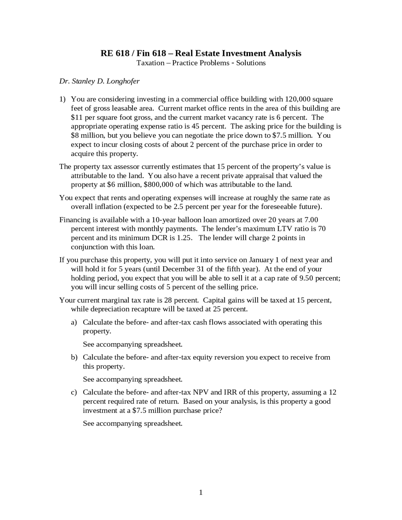 Practice Problems Solutions For Exam Real Estate Investment Analysis