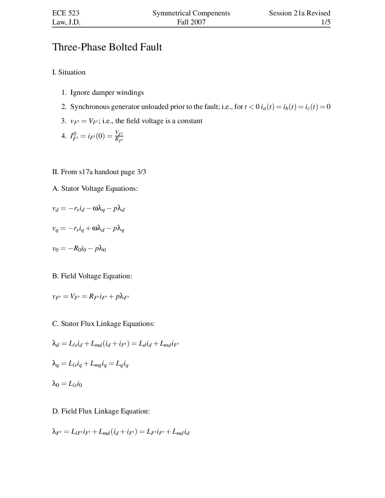 Notes On Three Phase Bolted Fault Ece 523 Docsity