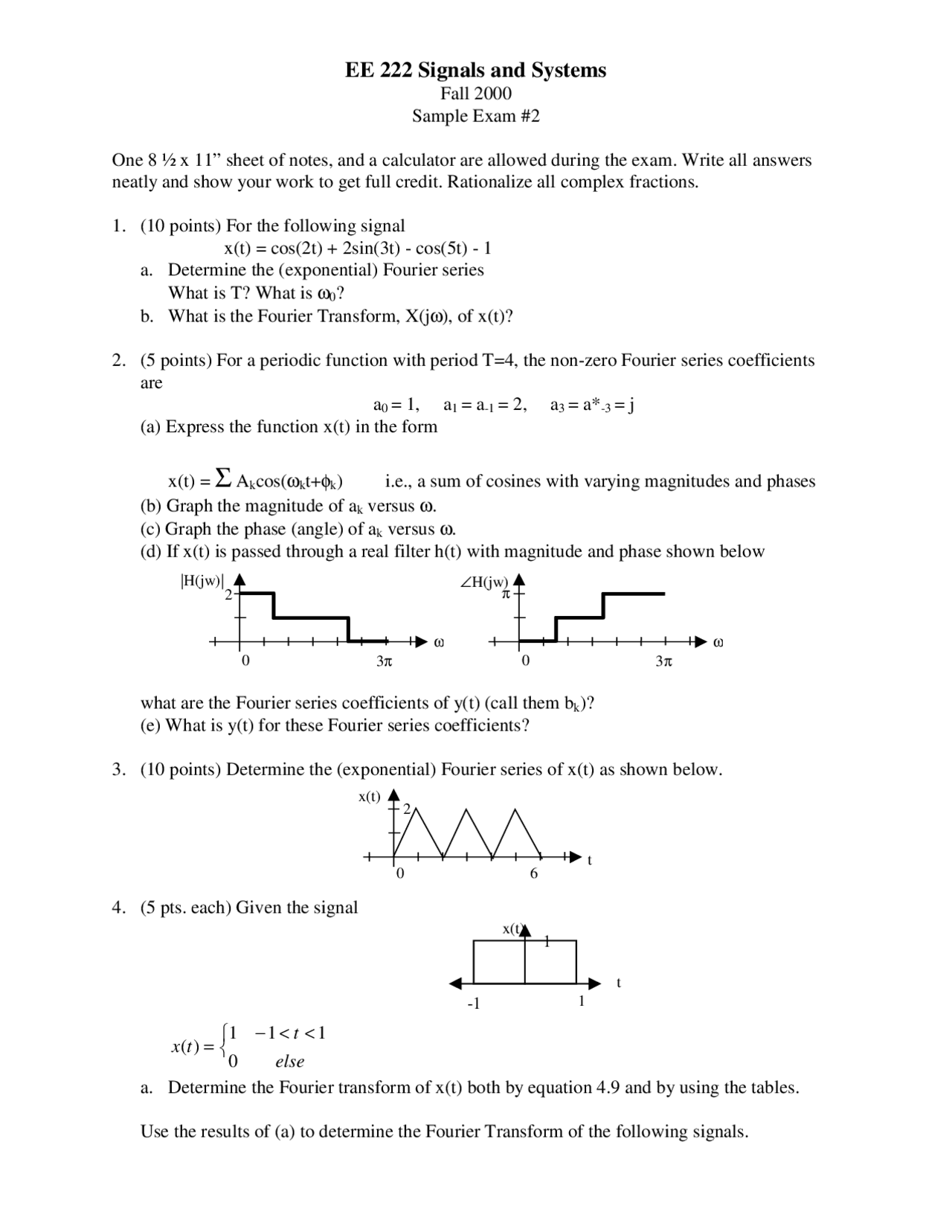 Signals and Systems - Sample Exam 2 Problems | ECE 350 - Docsity