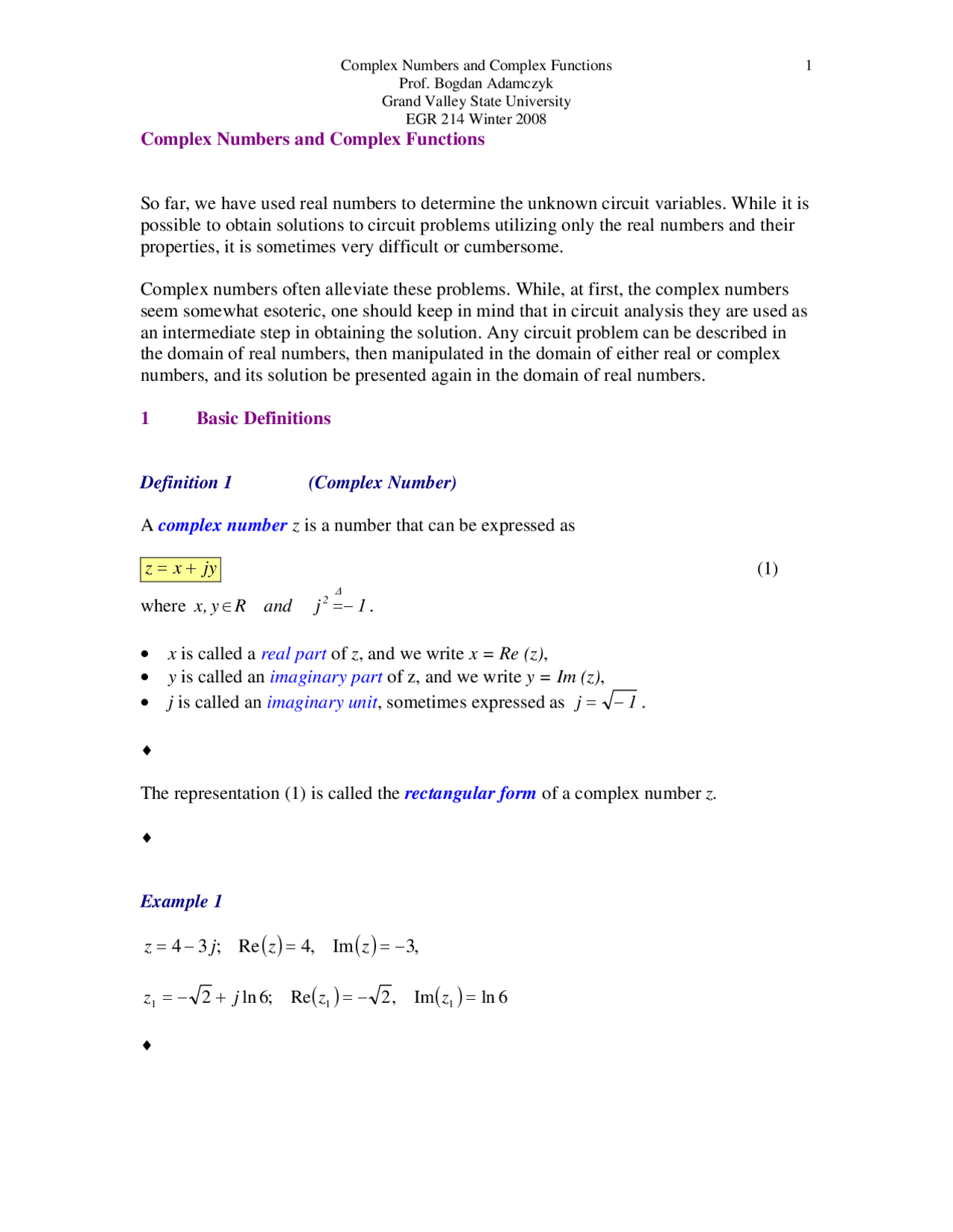 Complex Numbers And Complex Functions Egr 214 Docsity