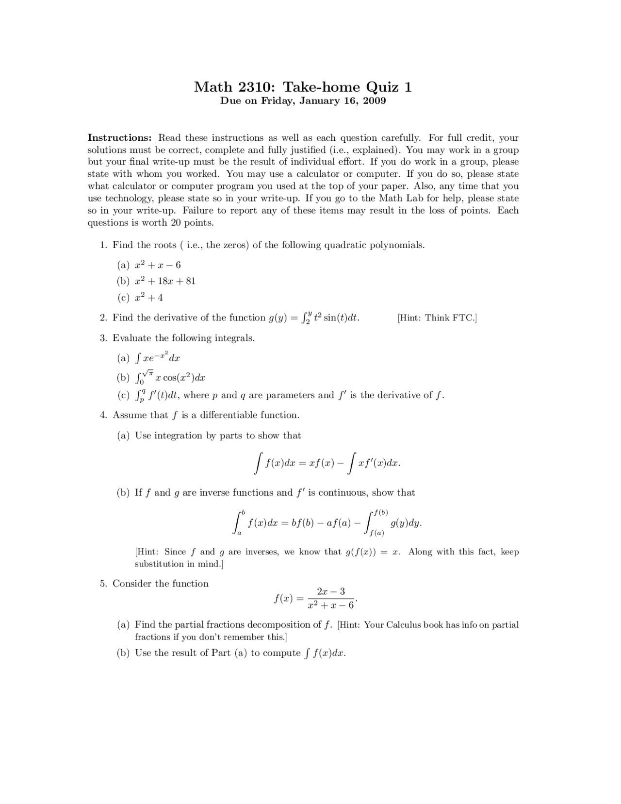 Quiz I Problems Applied Differential Equation I Math 2310 Docsity