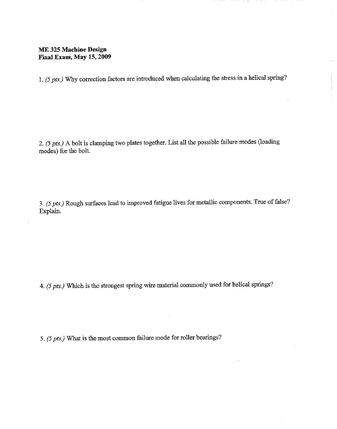 Final Exam Machine Component Design I With Answers Me 325 Docsity