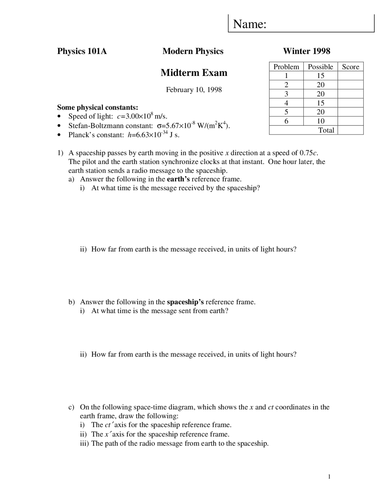 5 Questions for Midterm Exam - Introduction to Modern Physics I | PHYS ...
