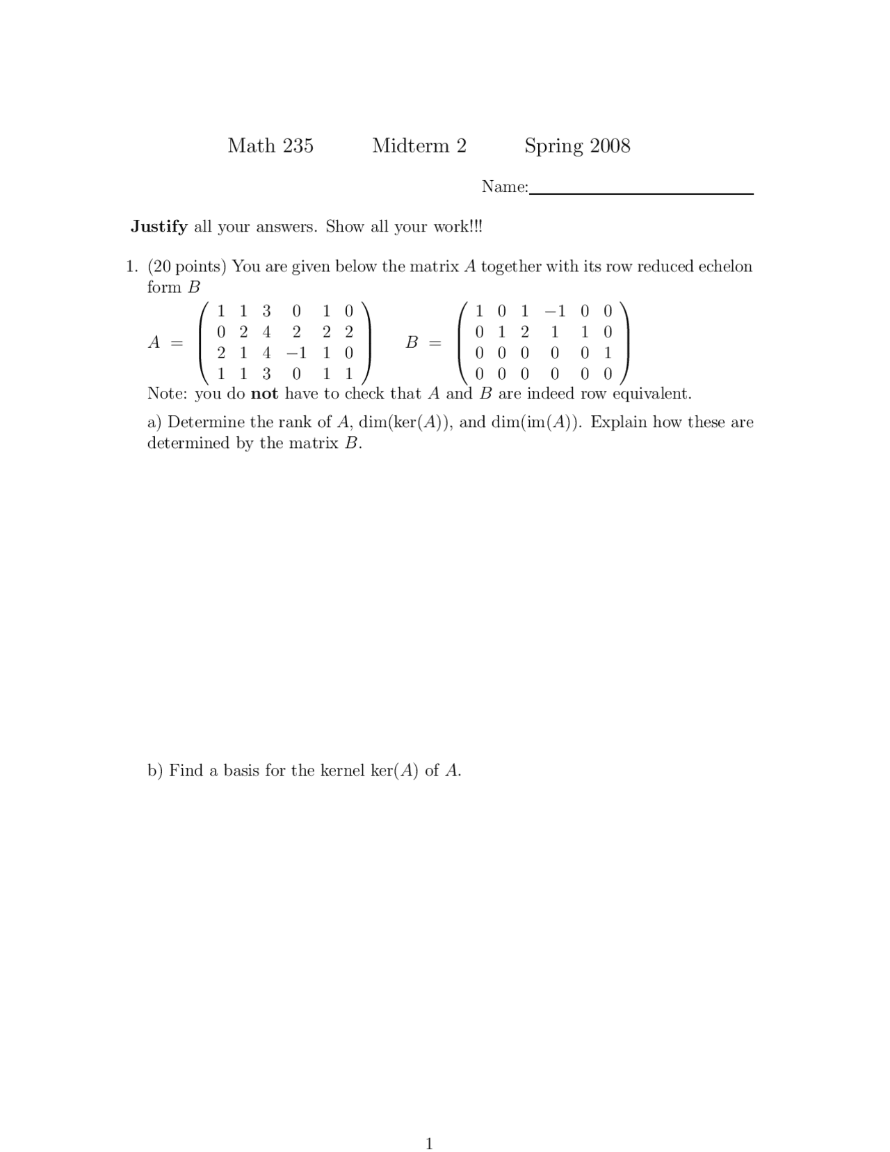 6 Questions Midterm Exam - Introduction to Linear Algebra | MATH 235 - Docsity